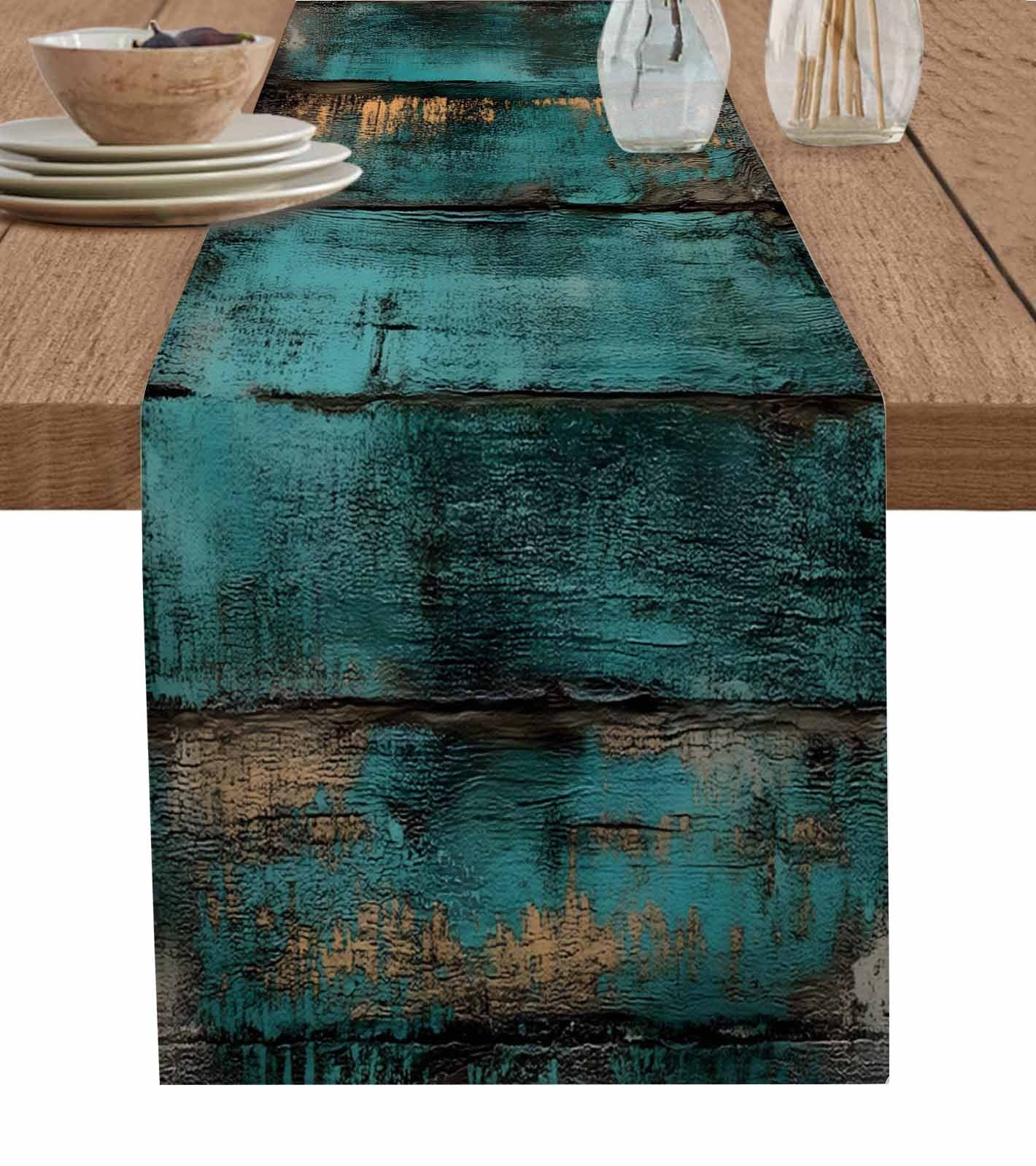 Boanket Teal Brown Vintage Wood Table Runner - 90 Inch Long, Kitchen ...