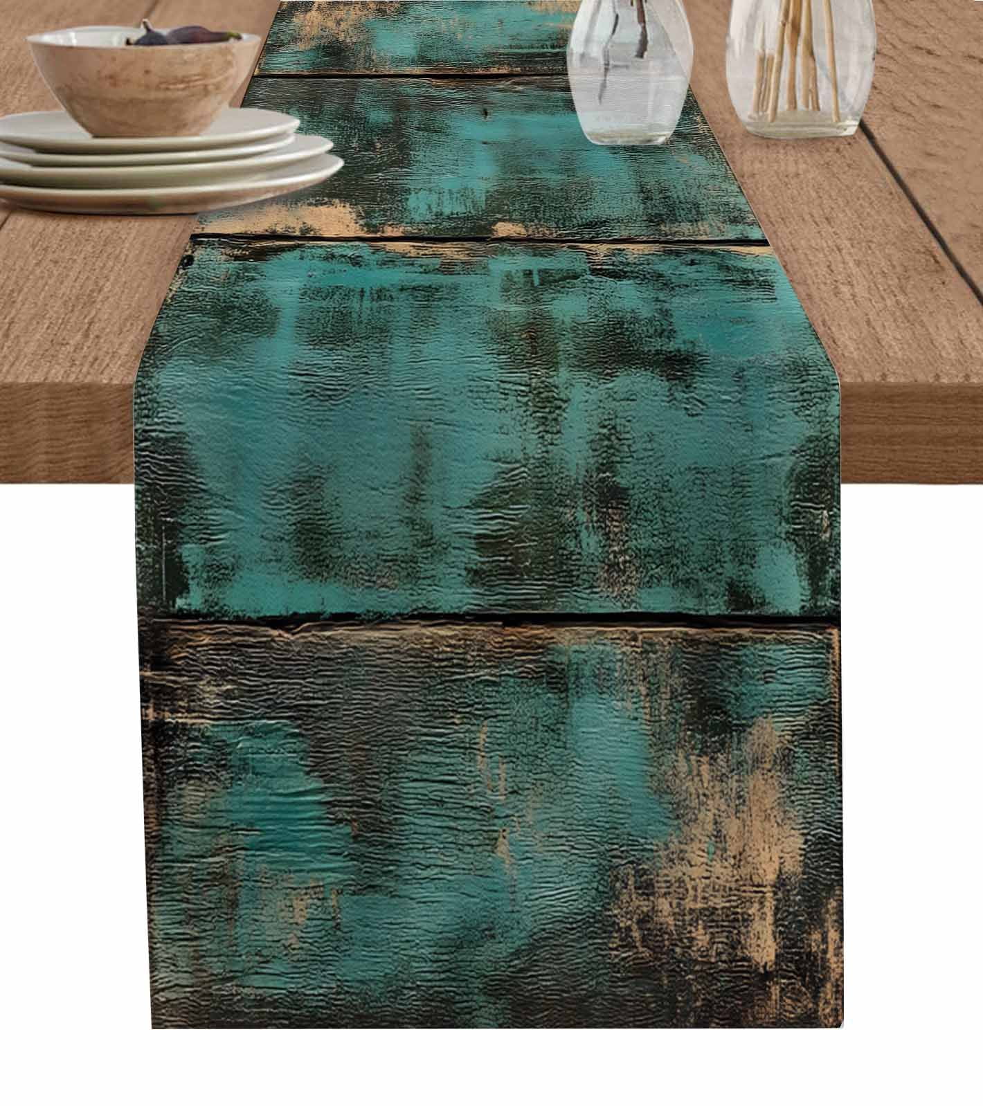 Boanket Teal Brown Wood Print Table Runner - 48 Inch Long, Kitchen ...