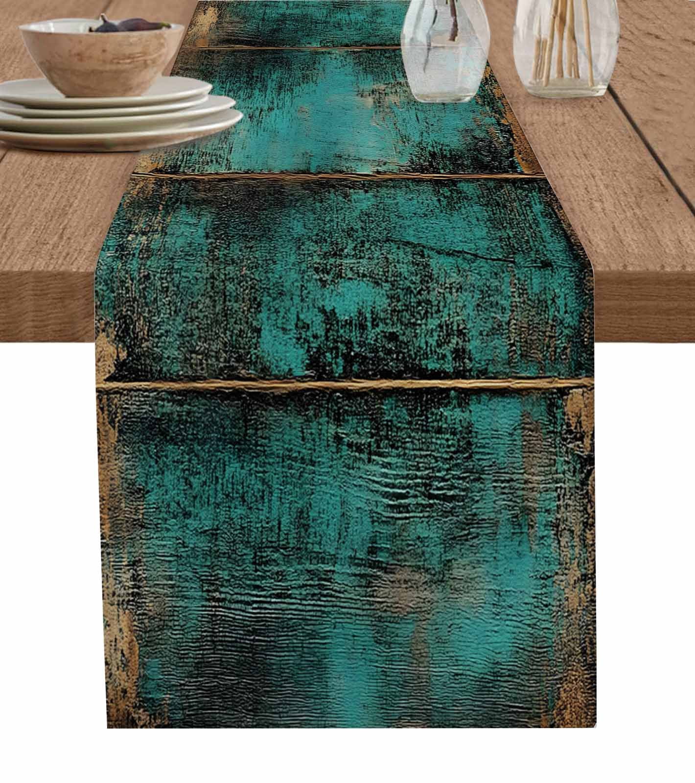 Boanket Teal Brown Wood Print Table Runner - 60 Inch Long, Kitchen ...