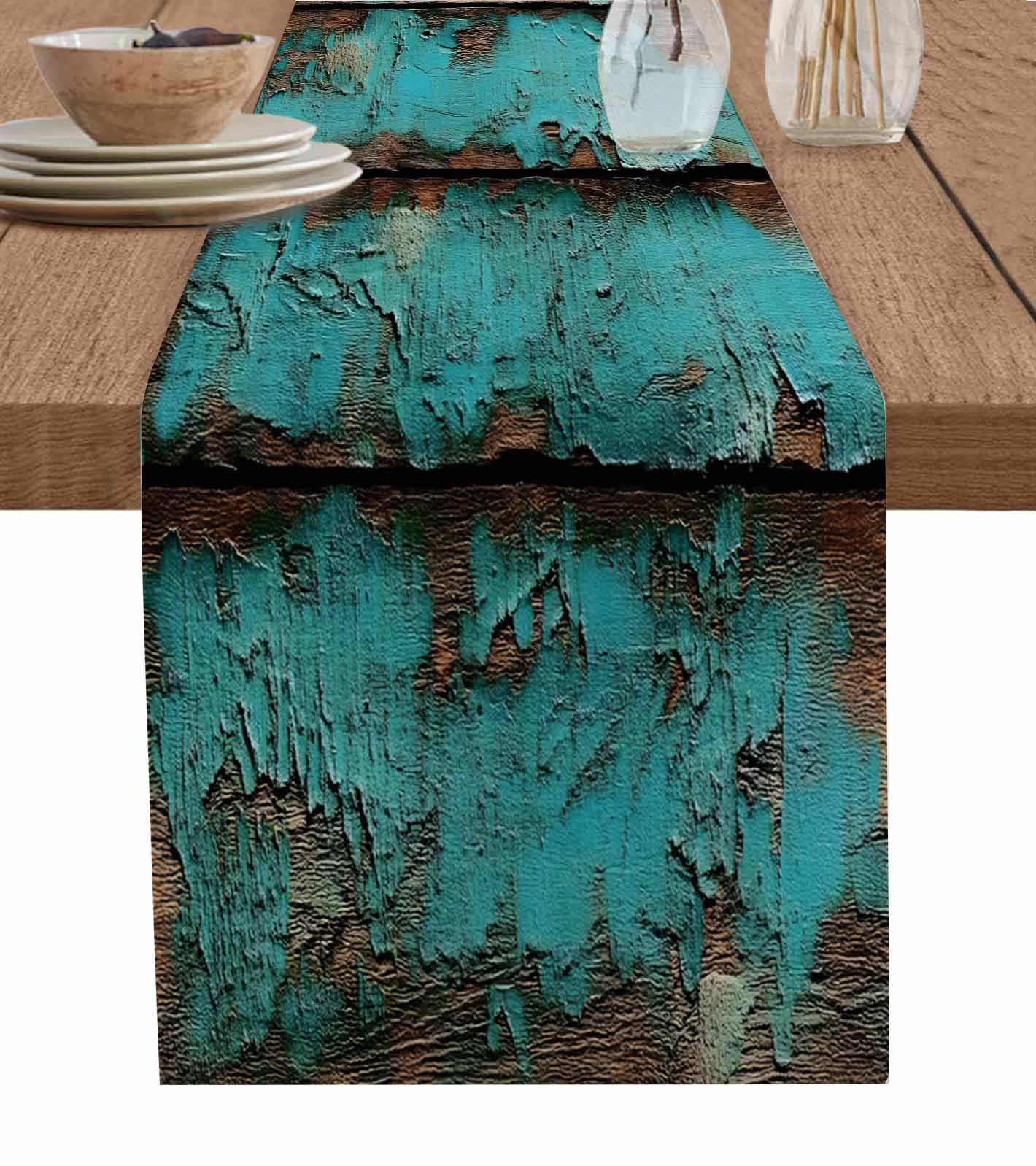 Boanket Teal Brown Wood Table Runner - 108 Inch Long, Kitchen Dining ...