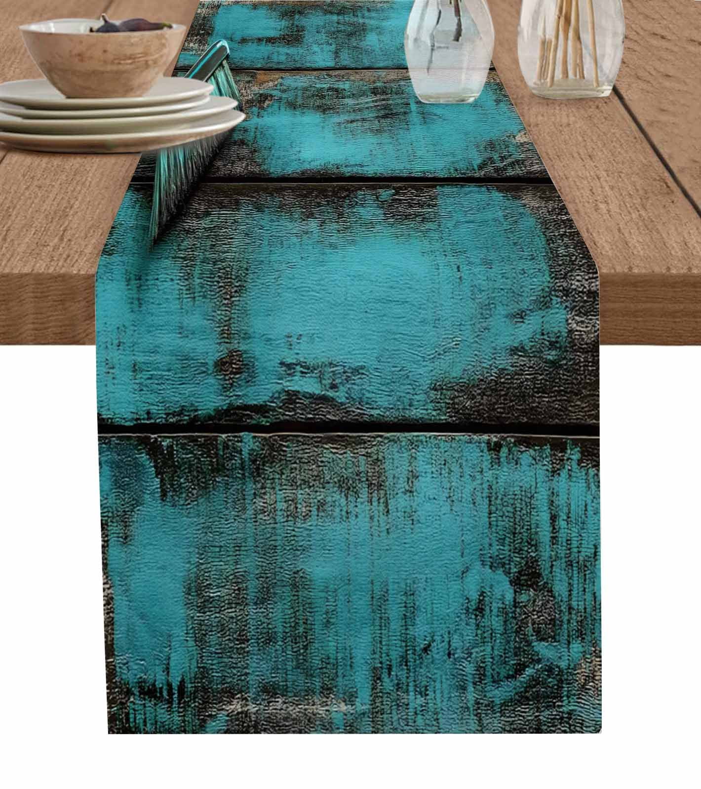 Boanket Teal Brown Wood Table Runner - 90 Inch Long, Kitchen Dining ...