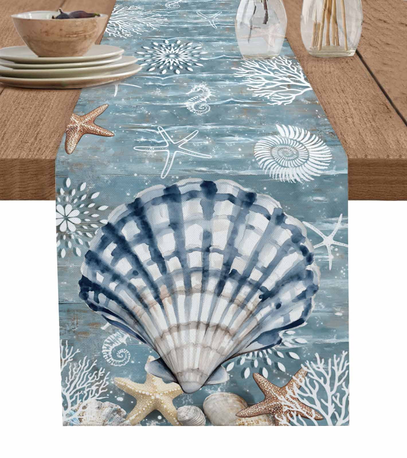 Boanket Teal Coastal Shell Table Runner - 108 Inch Long, Kitchen Dining ...