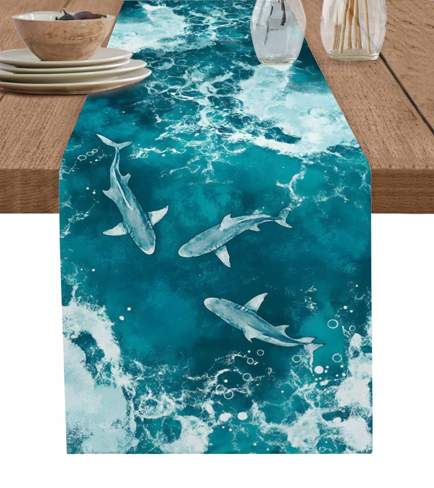 Boanket Teal Green Ocean Shark Table Runner - 90 Inch Long, Kitchen ...