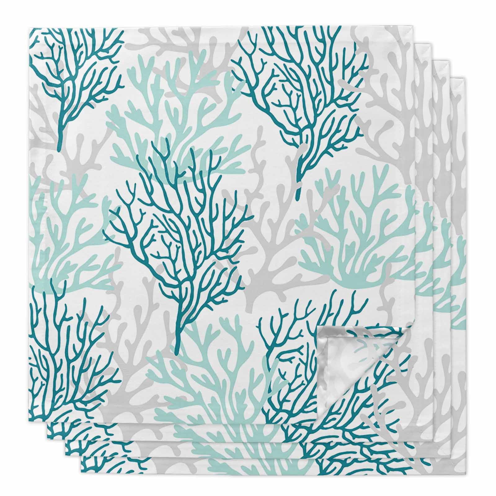 Boanket Teal Grey Coral Coastal Cloth Napkins Set of 4, Holiday Napkins ...