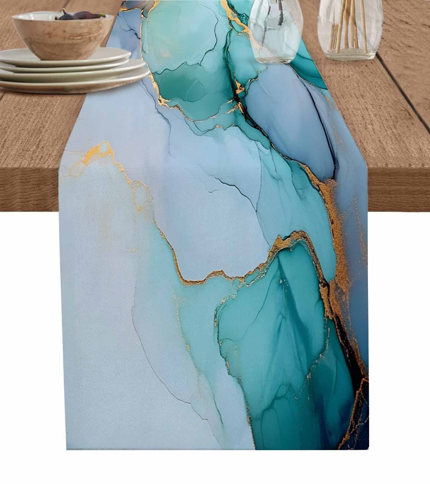 Boanket Teal Marble Table Runner - 48 Inch Long, Kitchen Dining Table ...