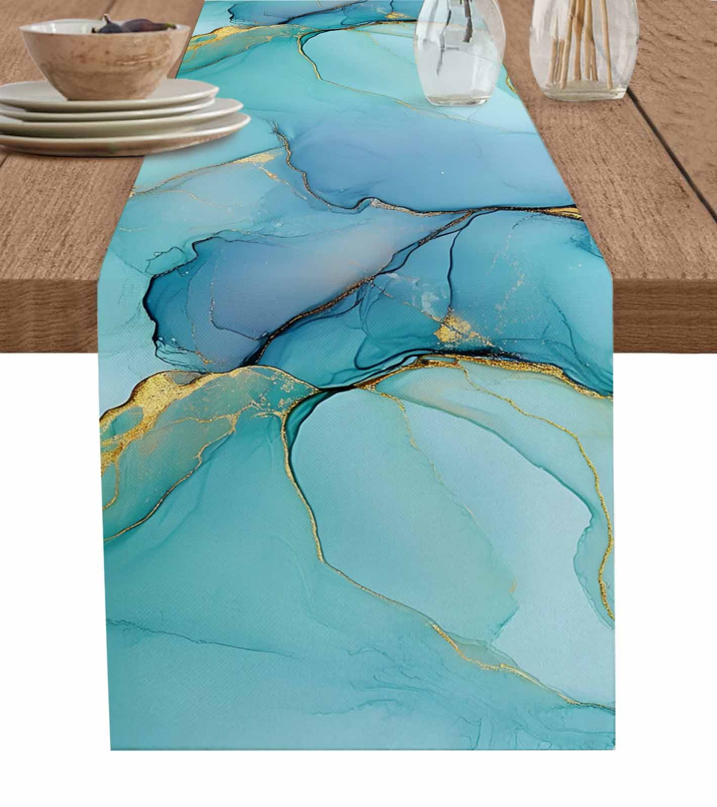 Boanket Teal Marble Table Runner - 90 Inch Long, Kitchen Dining Table ...