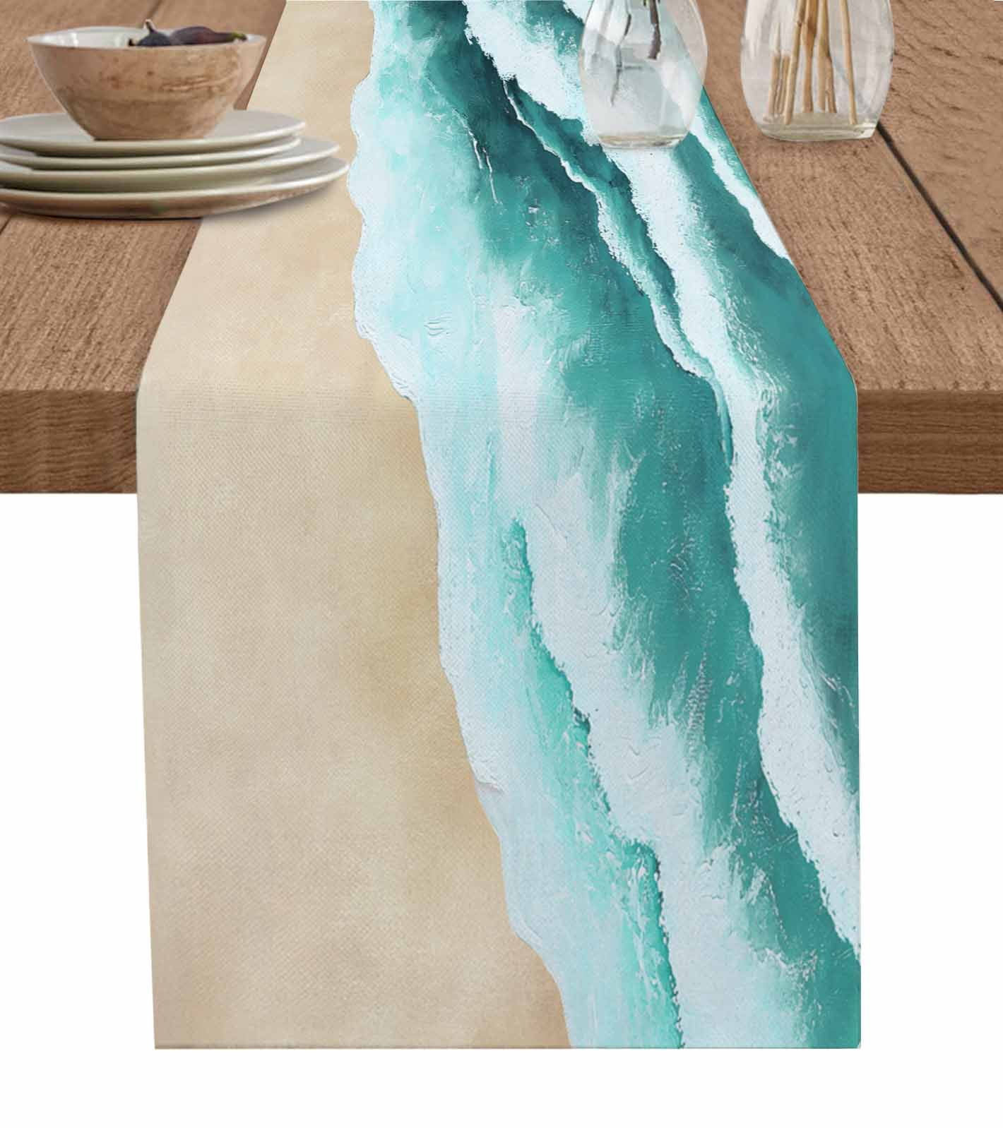 Boanket Teal Waves Coastal Table Runner - 90 Inch Long, Kitchen Dining ...