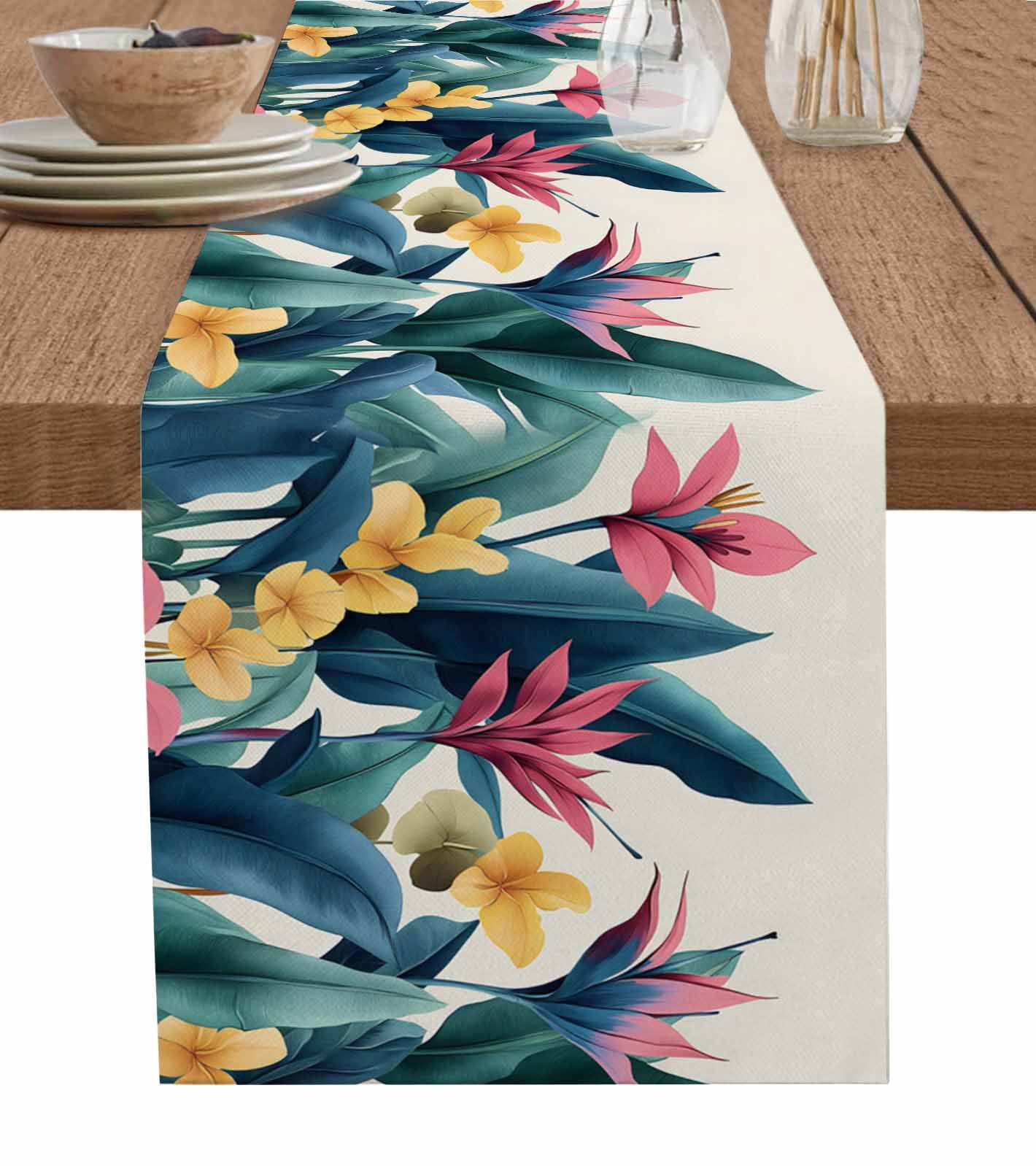Boanket Tropical Flowers Leaves Table Runner - 108 Inch Long, Kitchen ...