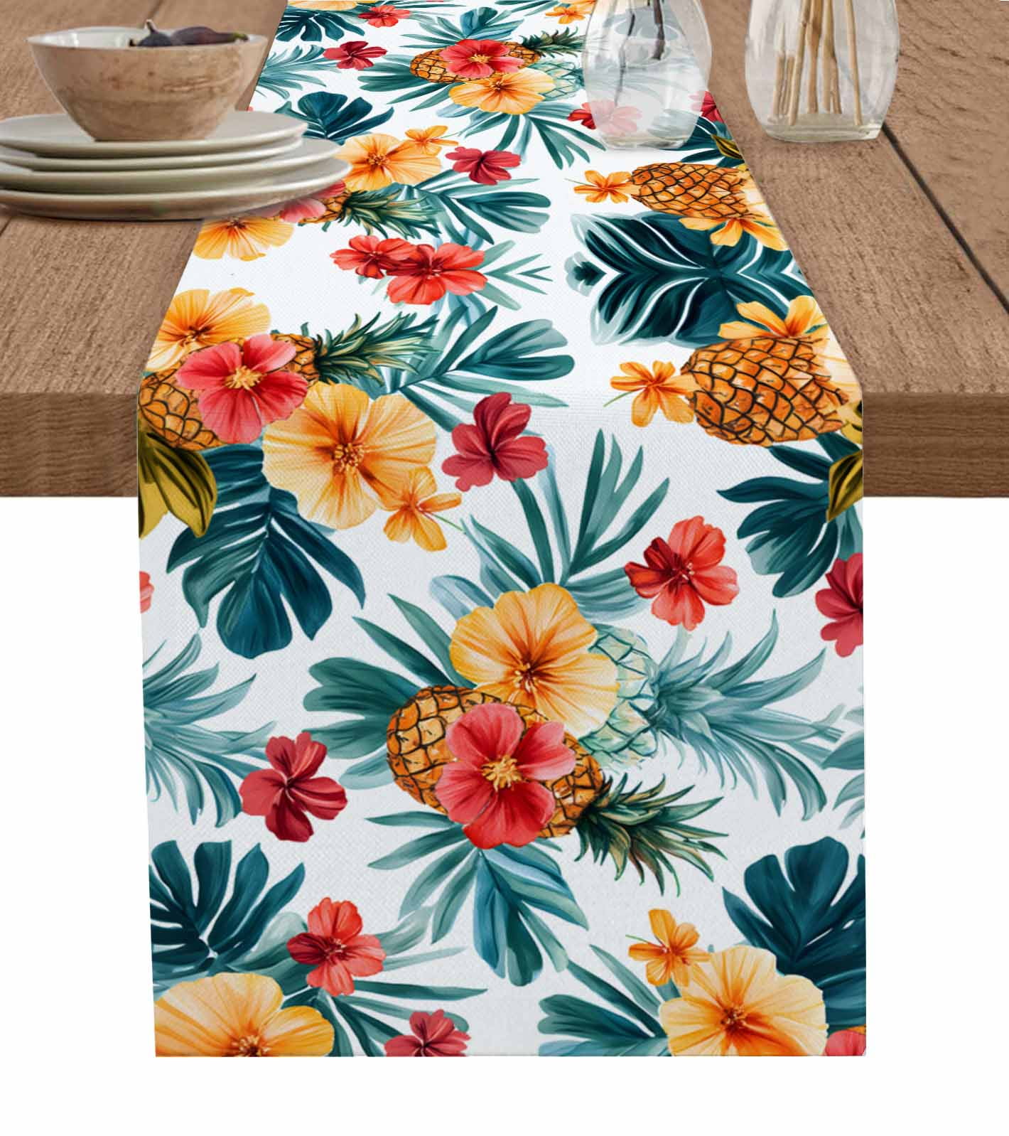 Boanket Tropical Leaves Floral Table Runner - 60 Inch Long, Kitchen ...