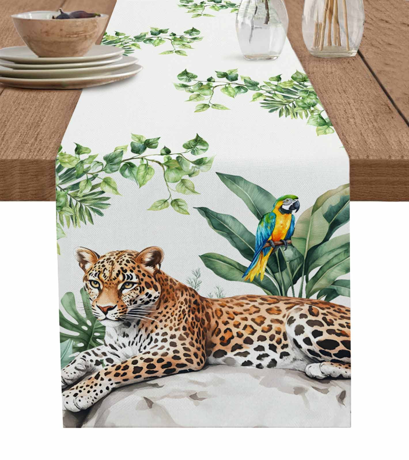 Boanket Tropical Leopard Parrot Table Runner - 108 Inch Long, Kitchen ...