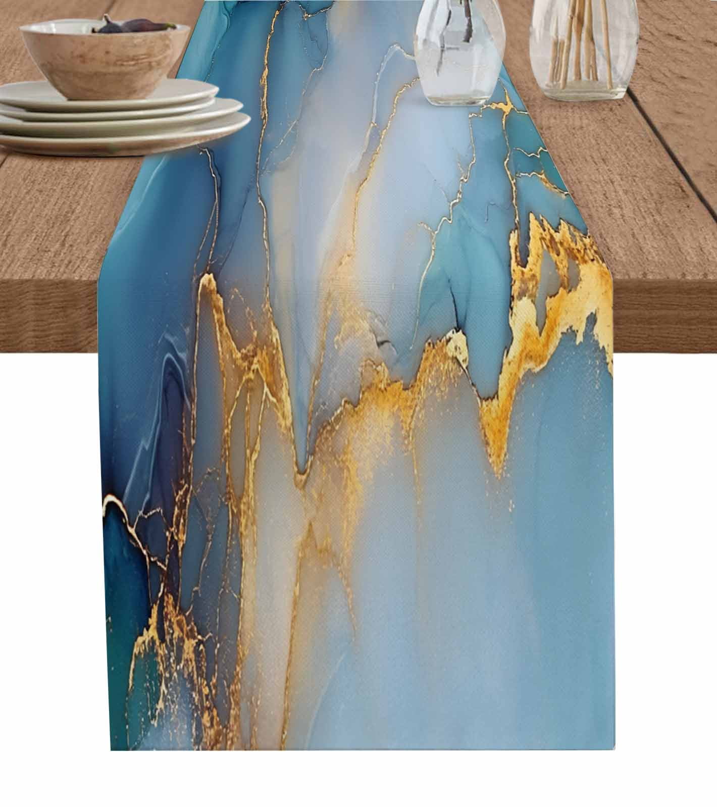 Boanket Turquoise Blue Marble Table Runner - 90 Inch Long, Kitchen ...