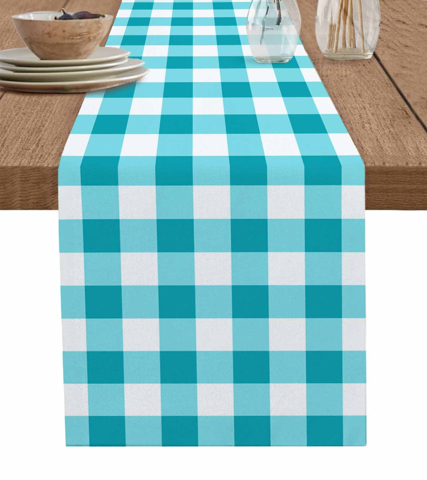 Boanket Turquoise Checkered Table Runner - 60 Inch Long, Kitchen Dining ...