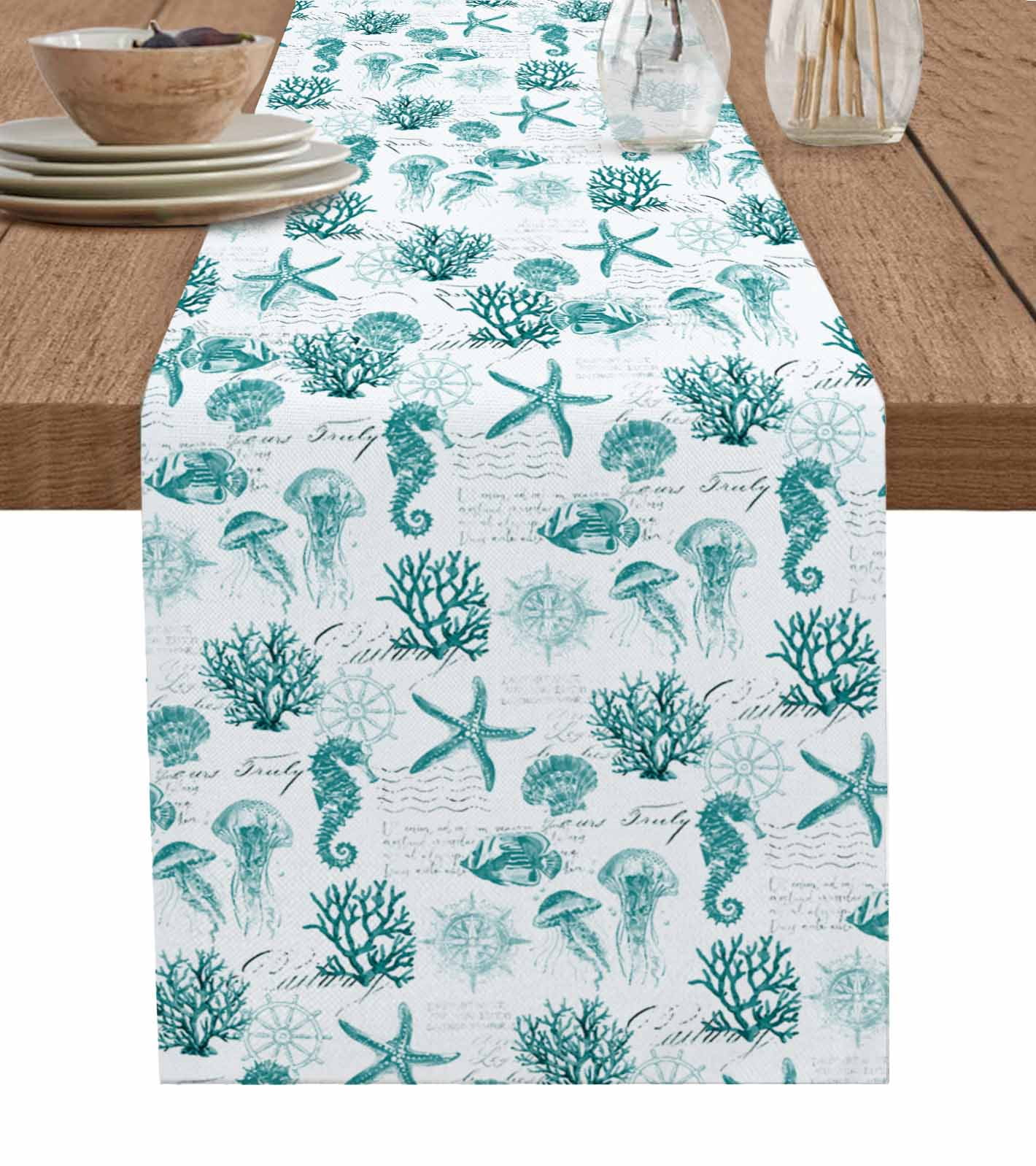 Boanket Turquoise Coastal Table Runner - 48 Inch Long, Kitchen Dining ...