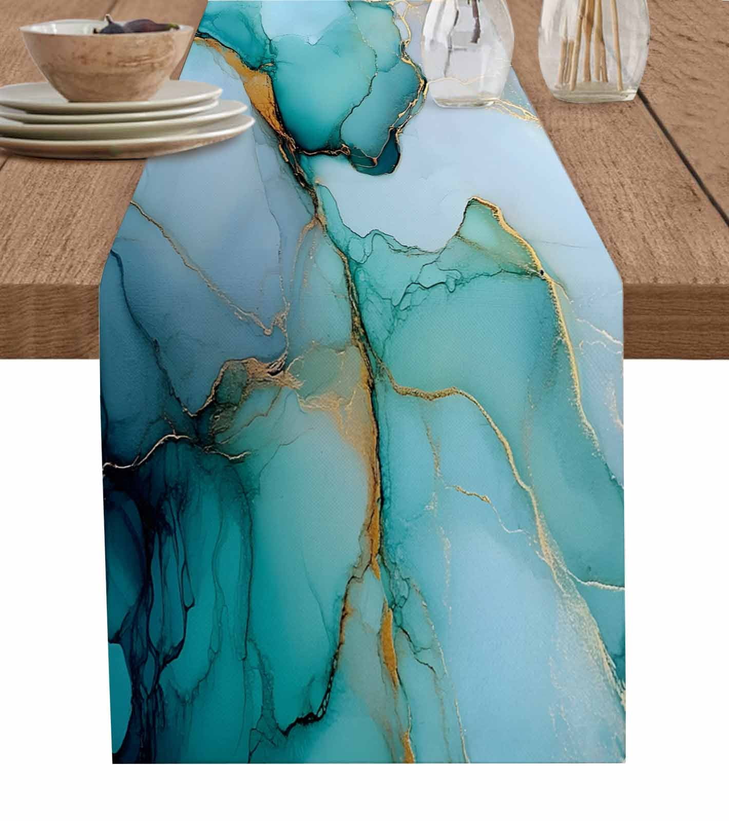 Boanket Turquoise Gold Marble Table Runner - 108 Inch Long, Kitchen ...