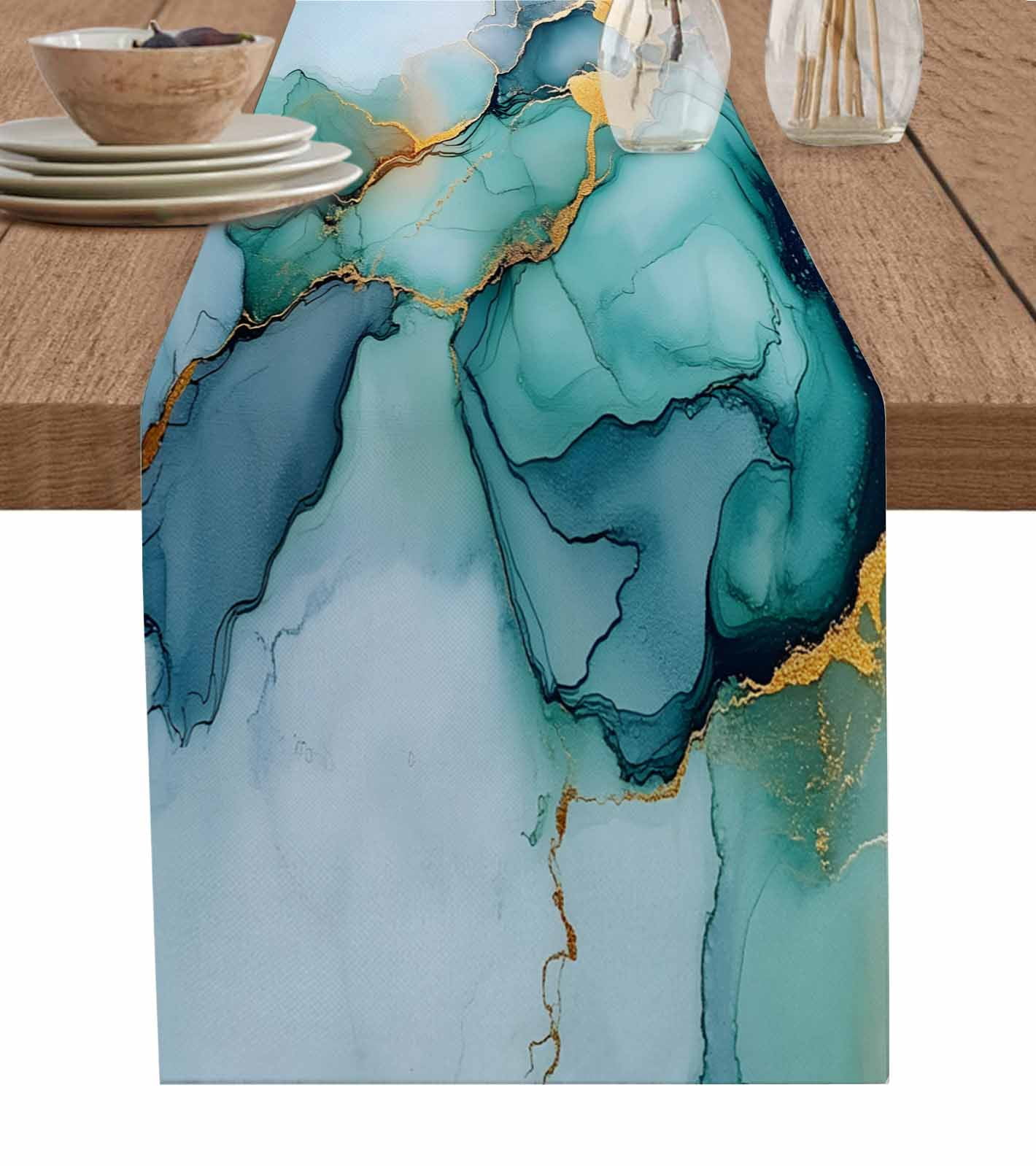 Boanket Turquoise Gold Marble Table Runner - 36 Inch Long, Kitchen ...