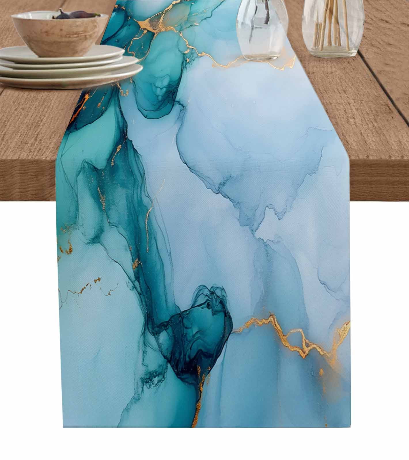 Boanket Turquoise Gold Marble Table Runner - 70 Inch Long, Kitchen ...