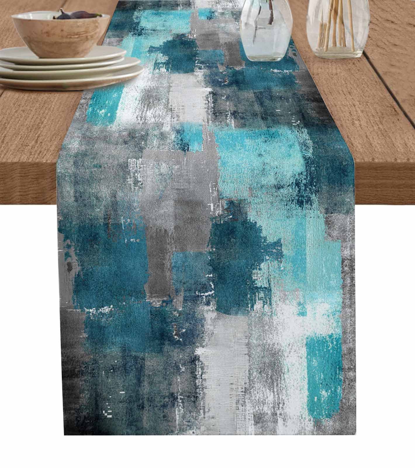 Boanket Turquoise Grey Painting Table Runner - 48 Inch Long, Kitchen ...