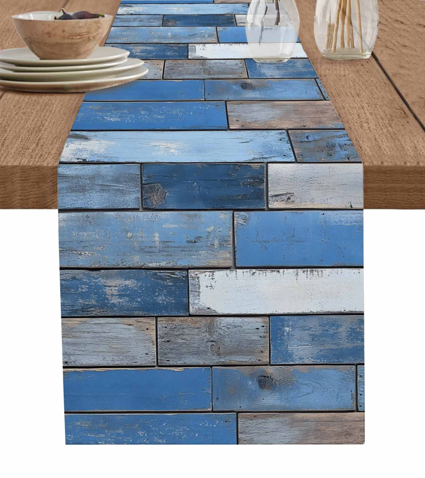 Boanket Vintage Blue Wooden Table Runner - 48 Inch Long, Kitchen Dining ...