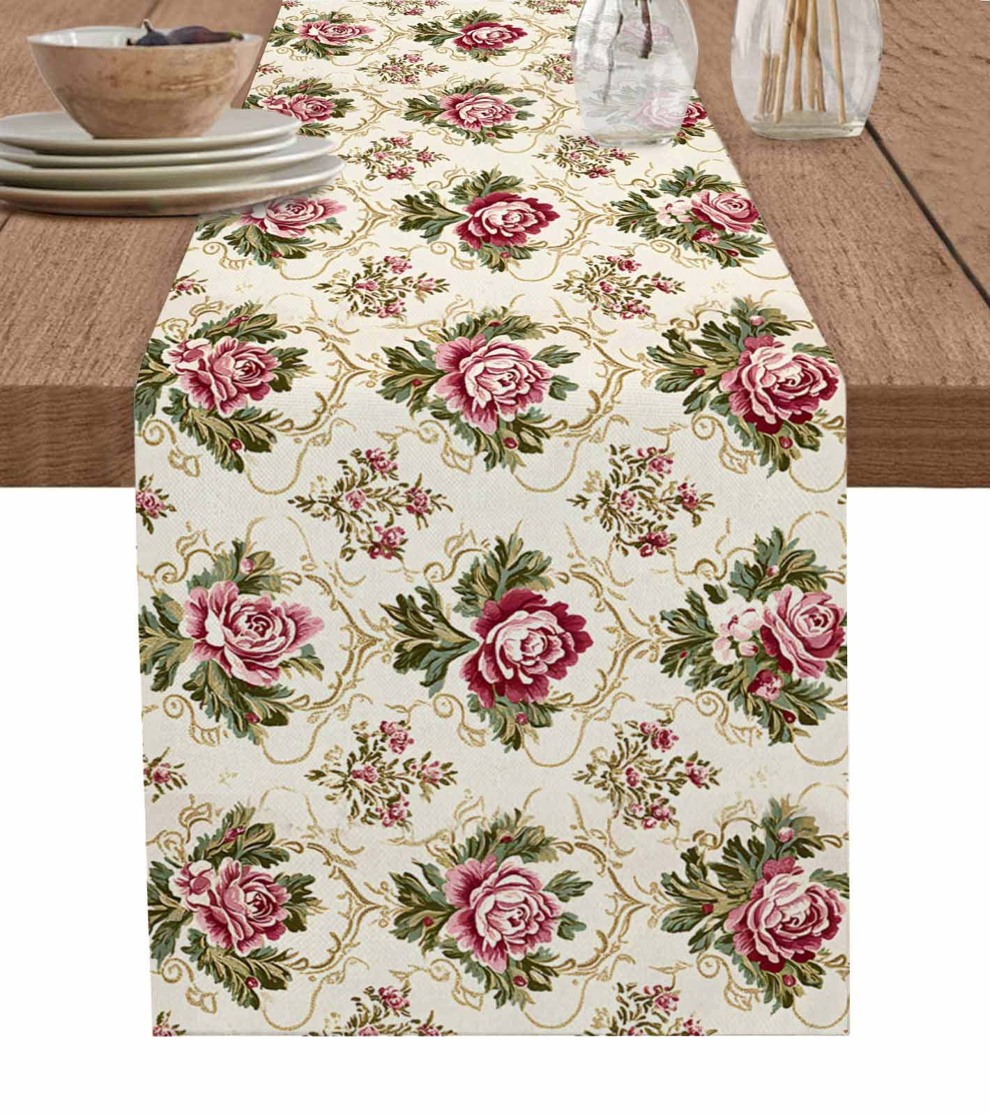 Boanket Vintage Pink Flowers Table Runner - 36 Inch Long, Kitchen ...