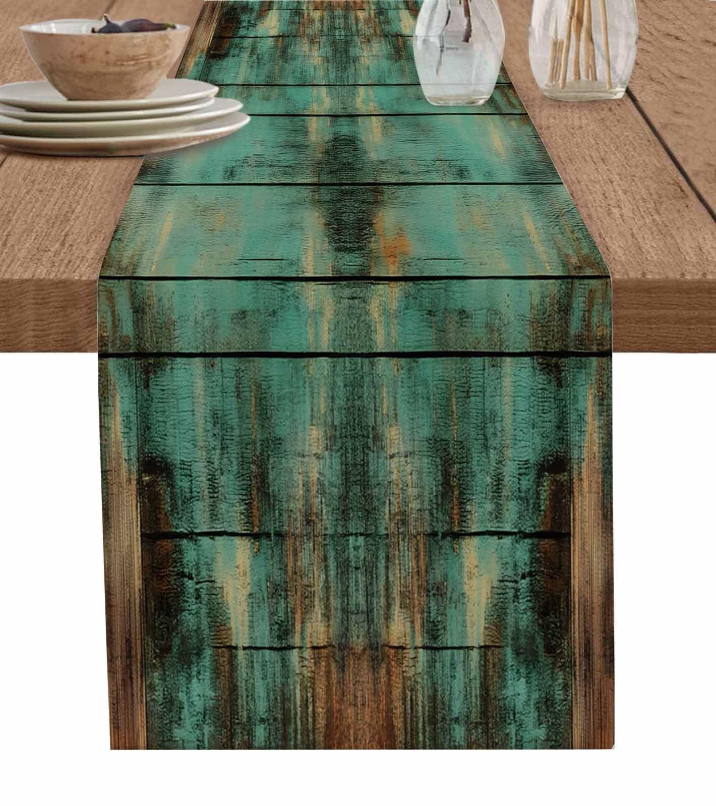 Boanket Vintage Teal Brown Plank Table Runner - 72 Inch Long, Kitchen ...