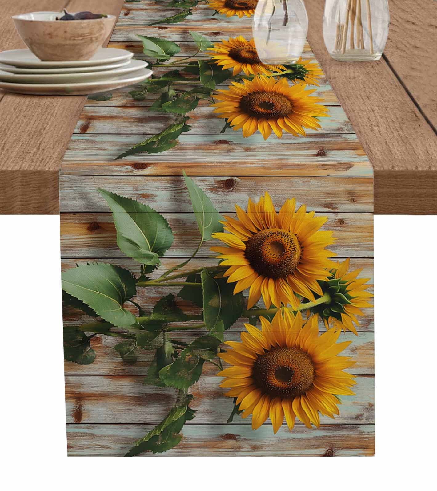 Boanket Vintage Wood Sunflower Table Runner - 48 Inch Long, Kitchen ...