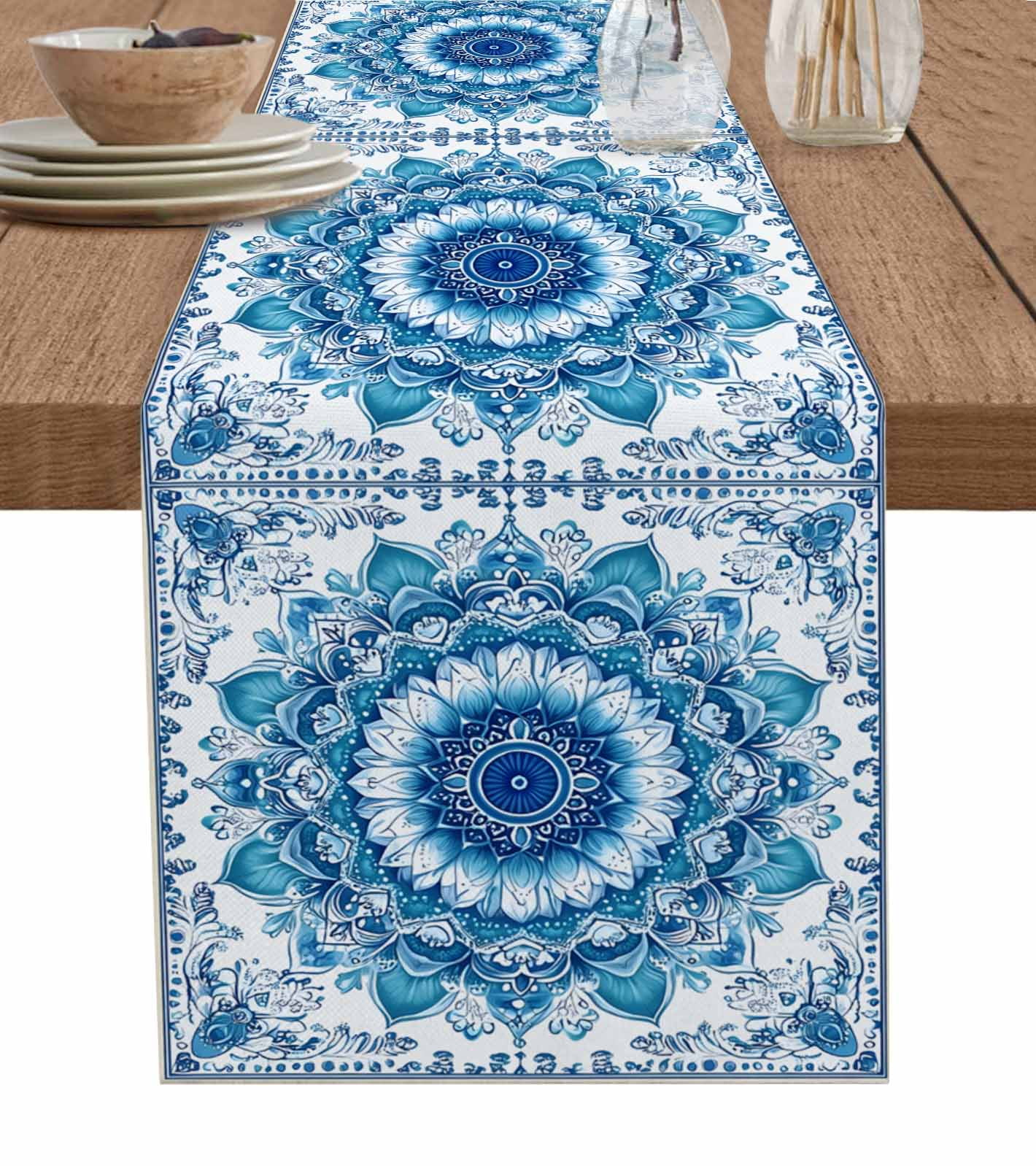 Boanket White Blue Boho Table Runner - 70 Inch Long, Kitchen Dining ...