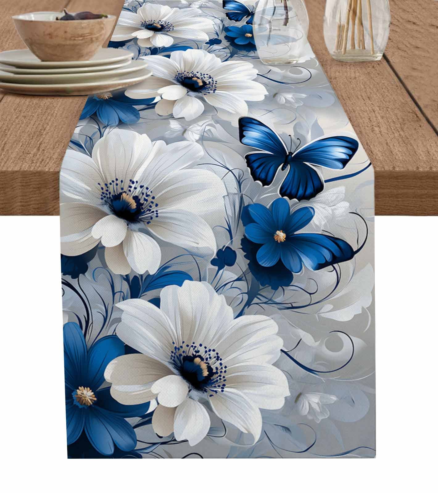 Boanket White Blue Flowers Table Runner - 108 Inch Long, Kitchen Dining ...
