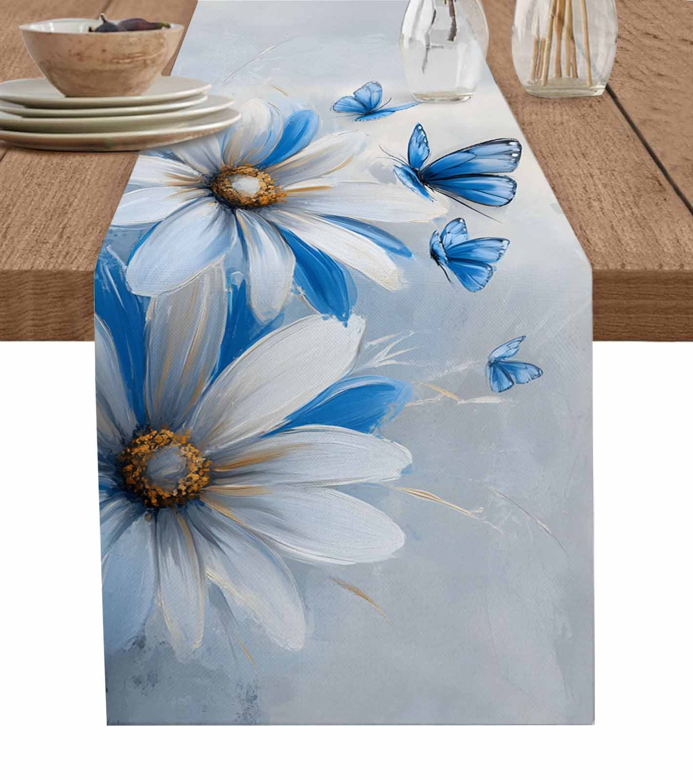 Boanket White Blue Flowers Table Runner - 108 Inch Long, Kitchen Dining ...