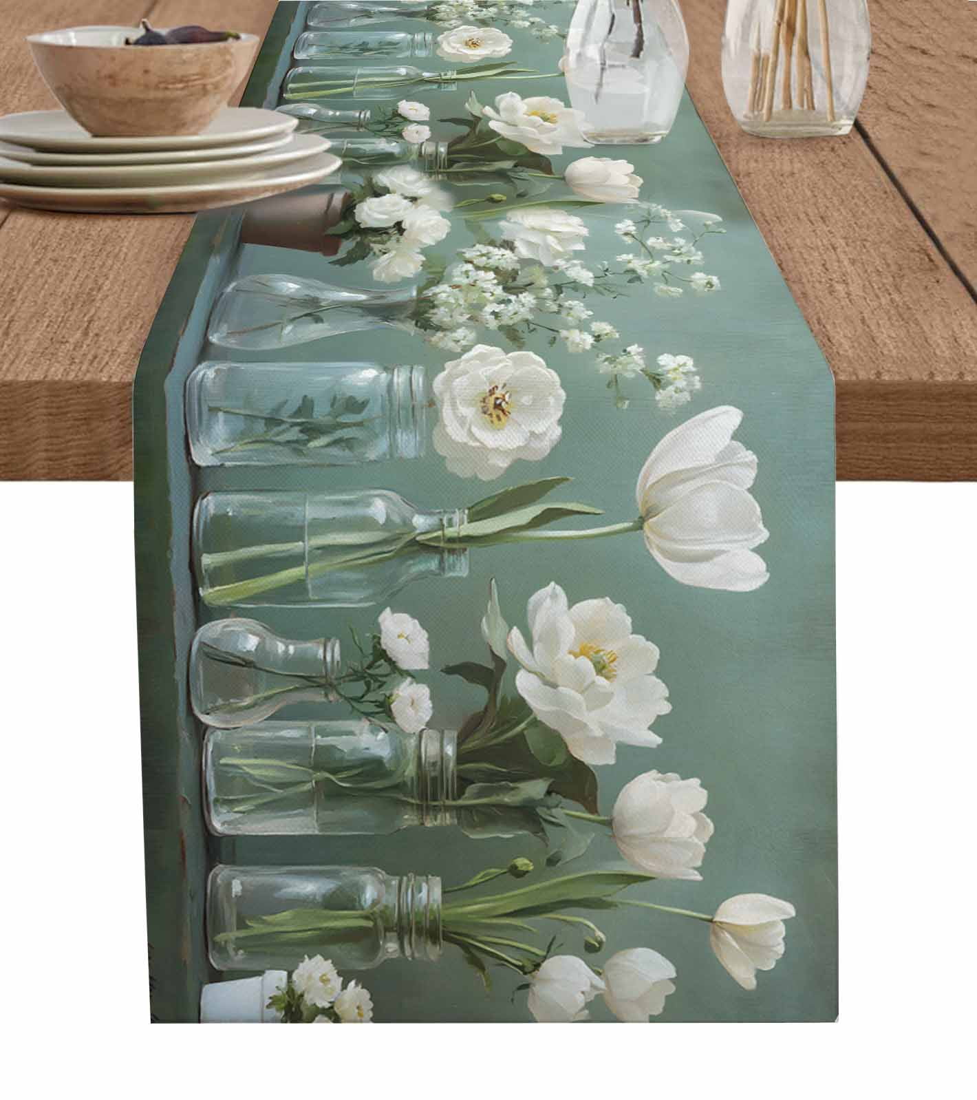 Boanket White Camellia Table Runner - 120 Inch Long, Kitchen Dining ...