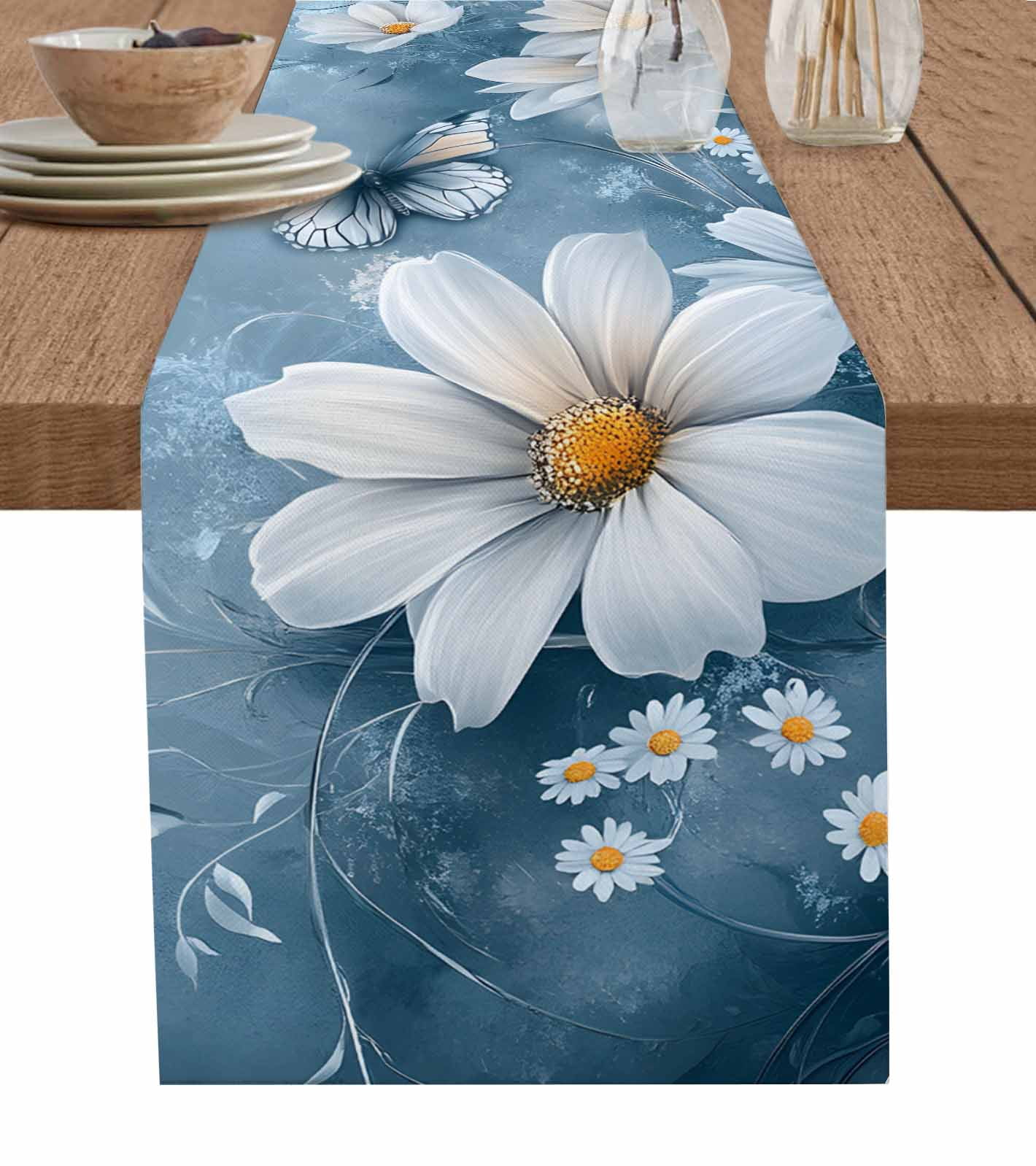 Boanket White Daisy Floral Table Runner - 108 Inch Long, Kitchen Dining Table Runner Dresser ...