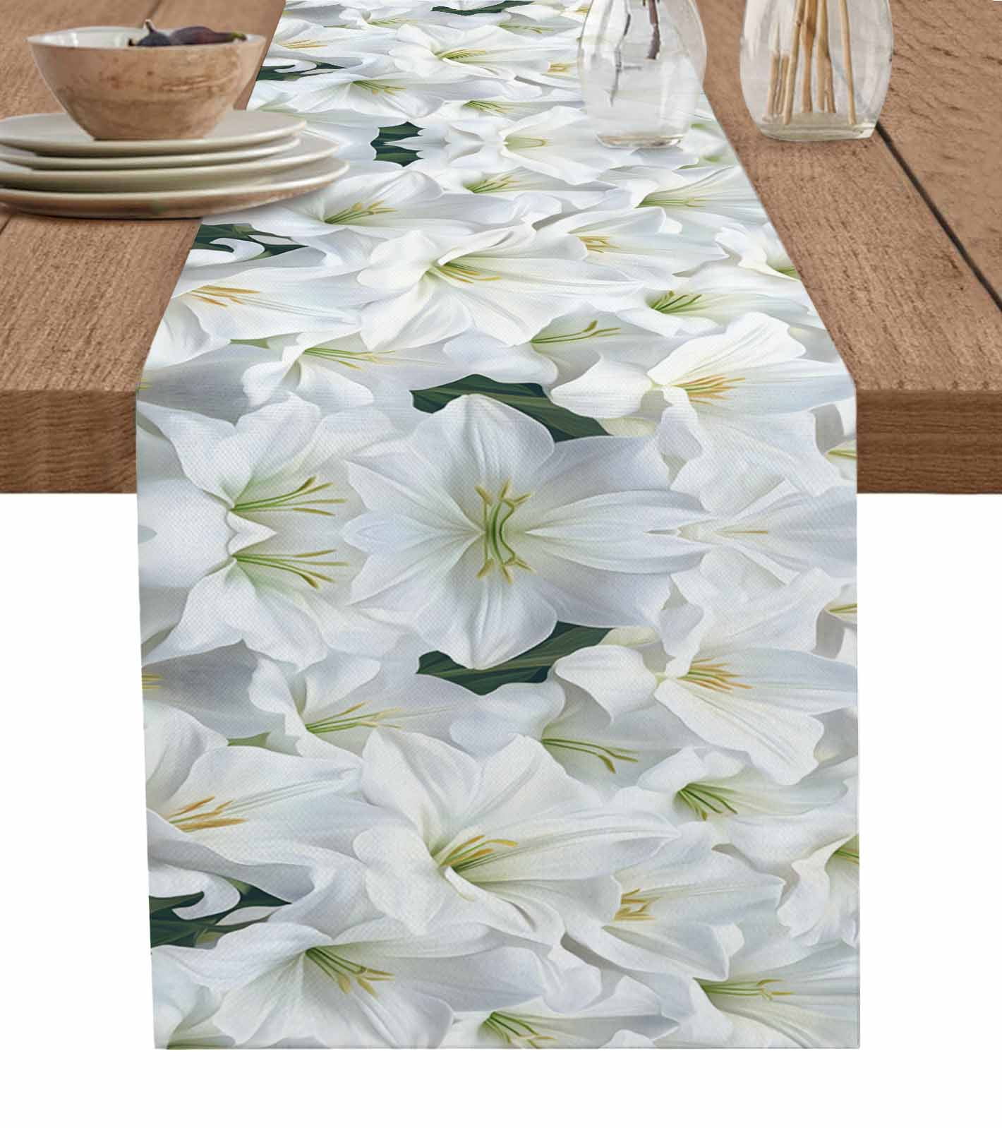 Boanket White Floral Table Runner - 108 Inch Long, Kitchen Dining Table ...