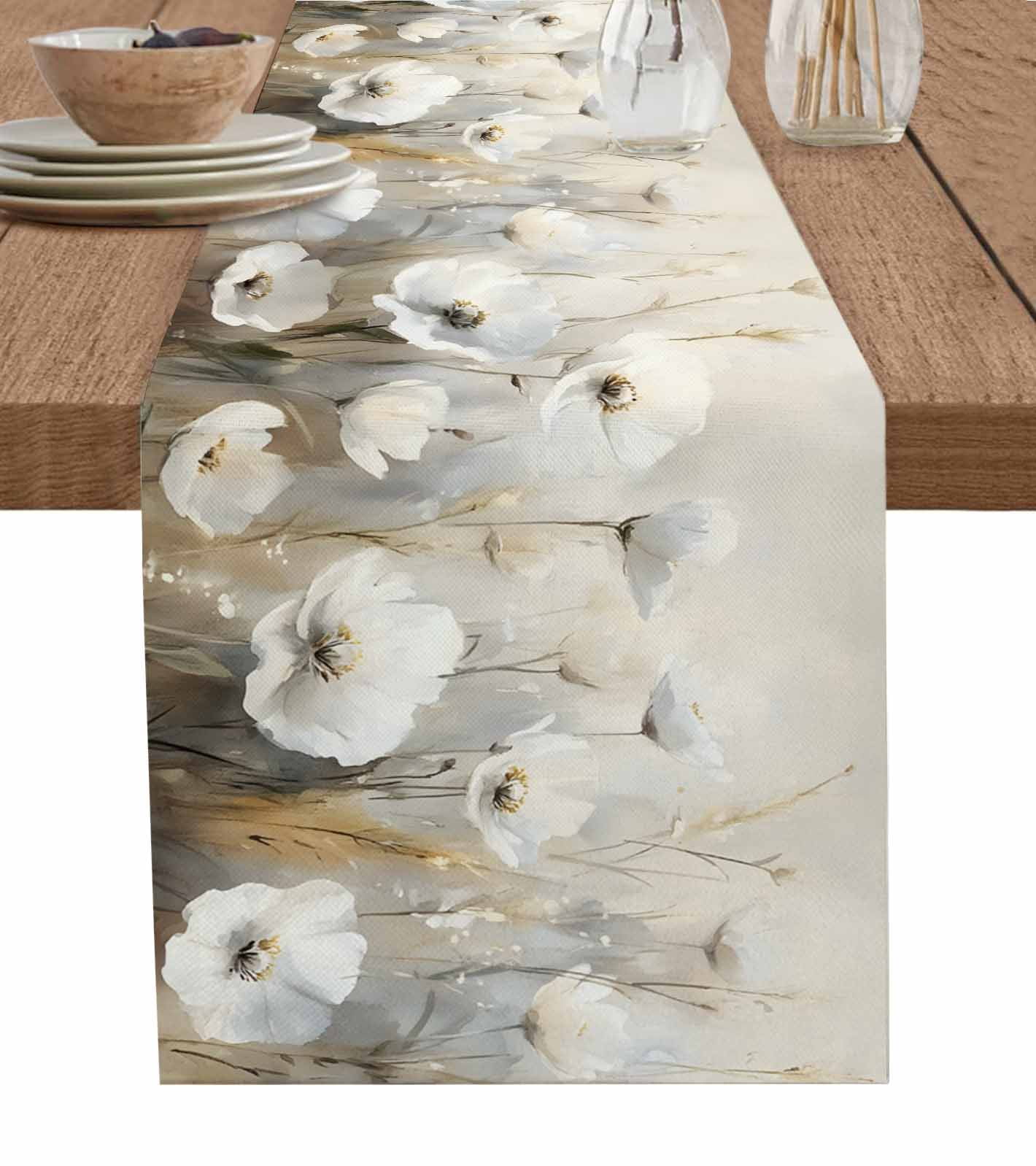 Boanket White Spring Floral Table Runner - 60 Inch Long, Kitchen Dining ...