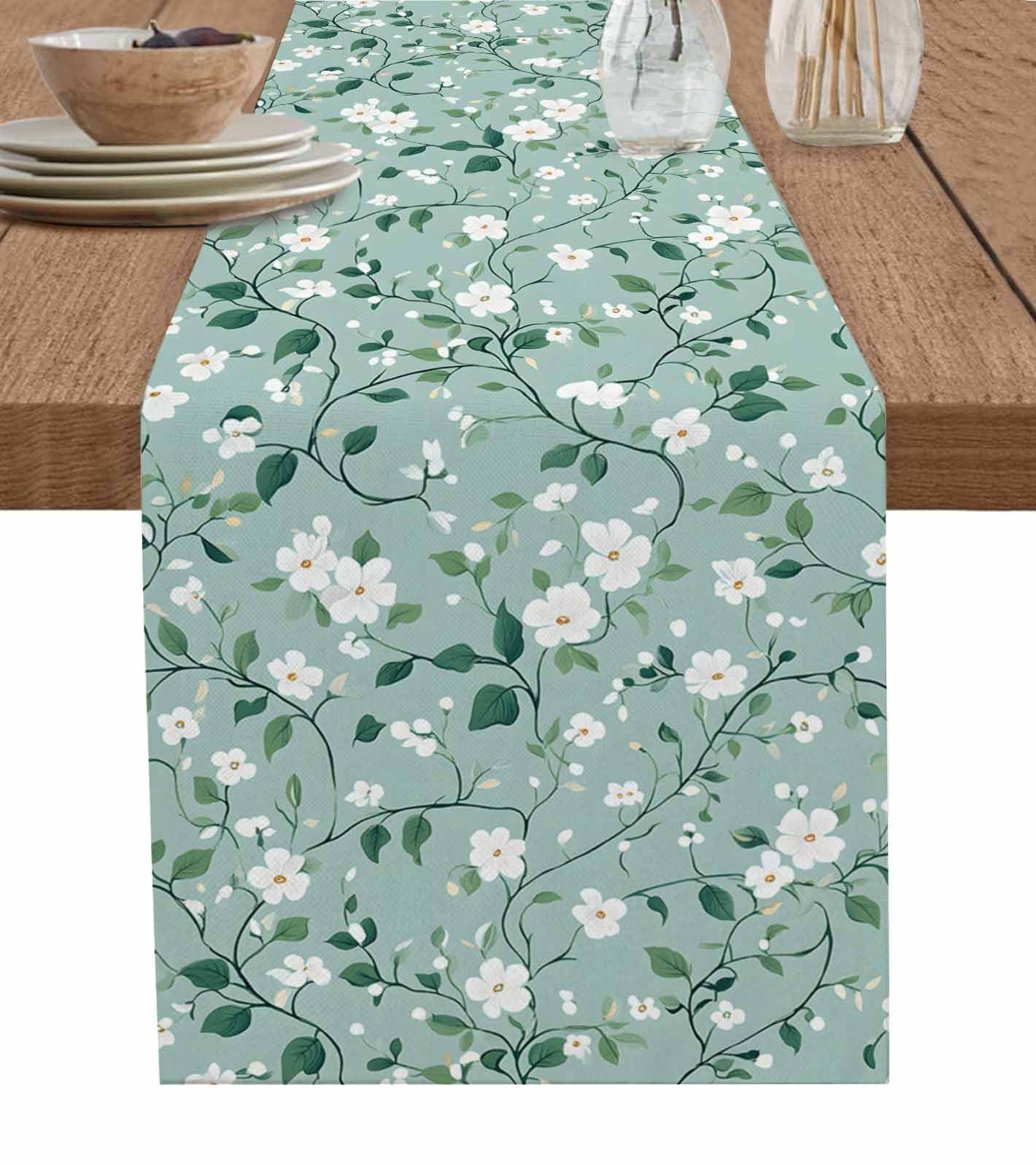 Boanket White Teal Spring Floral Table Runner - 60 Inch Long, Kitchen ...