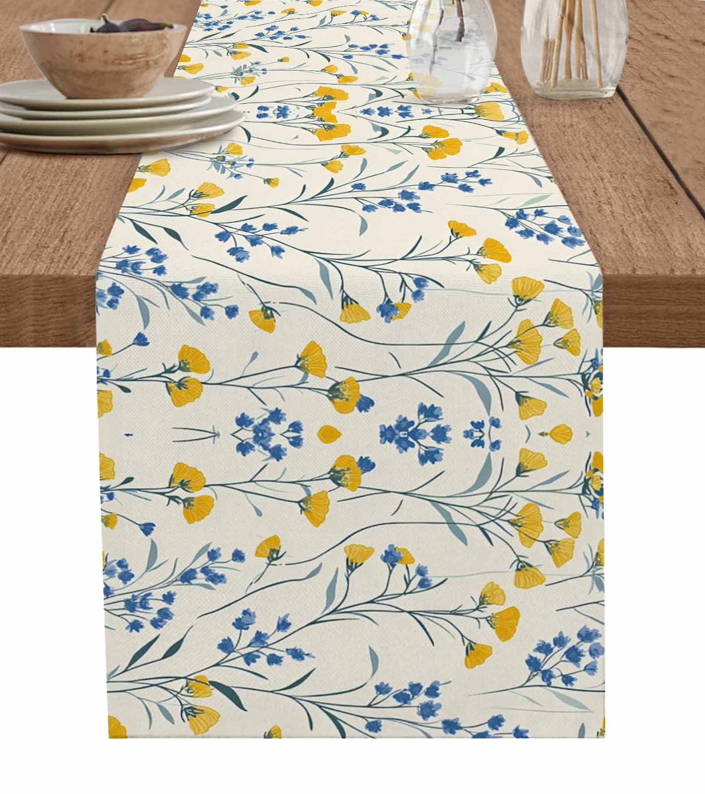 Boanket Yellow Blue Flowers Table Runner - 48 Inch Long, Kitchen Dining ...