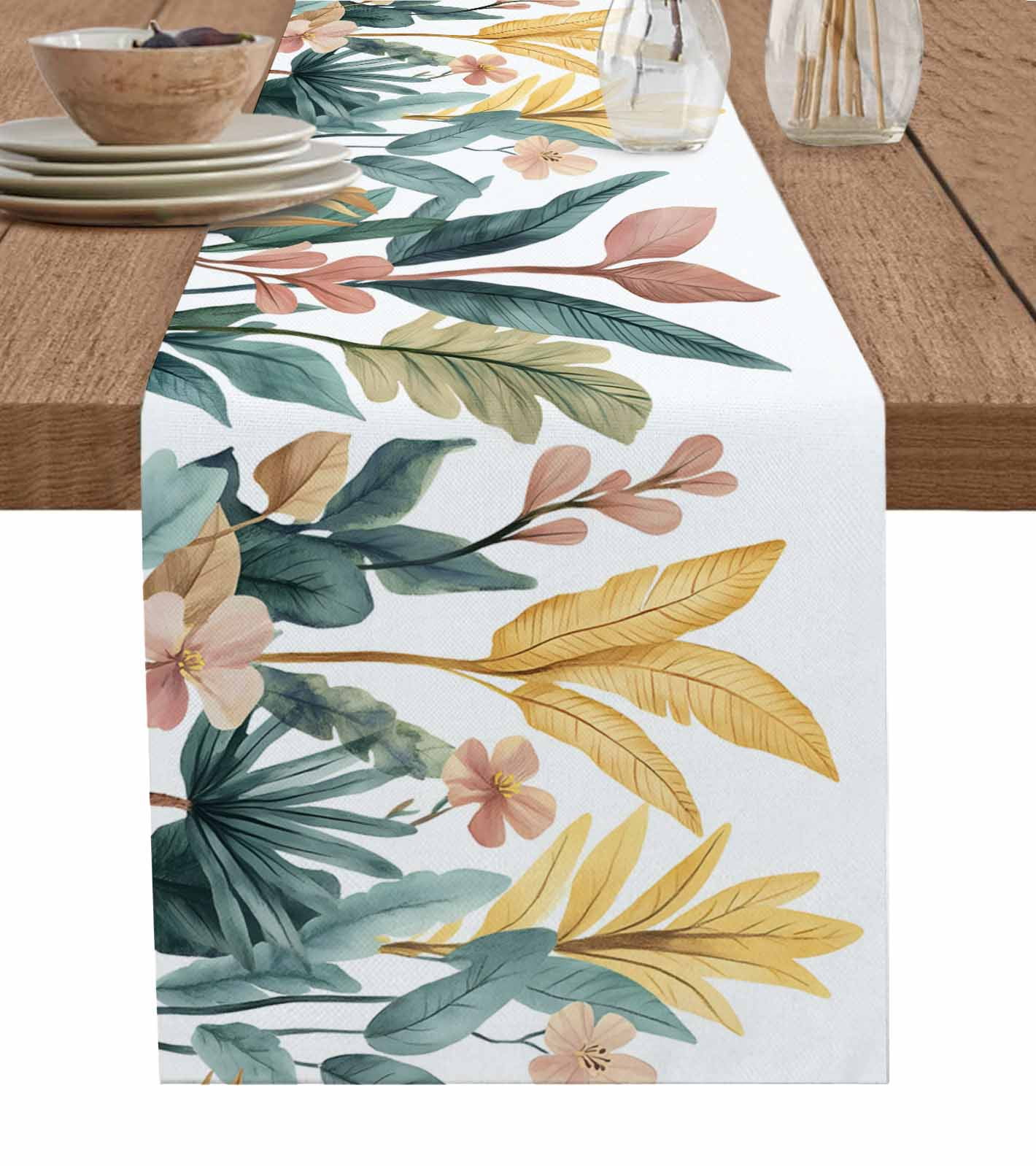 Boanket Yellow Green Leaves Table Runner - 60 Inch Long, Kitchen Dining ...