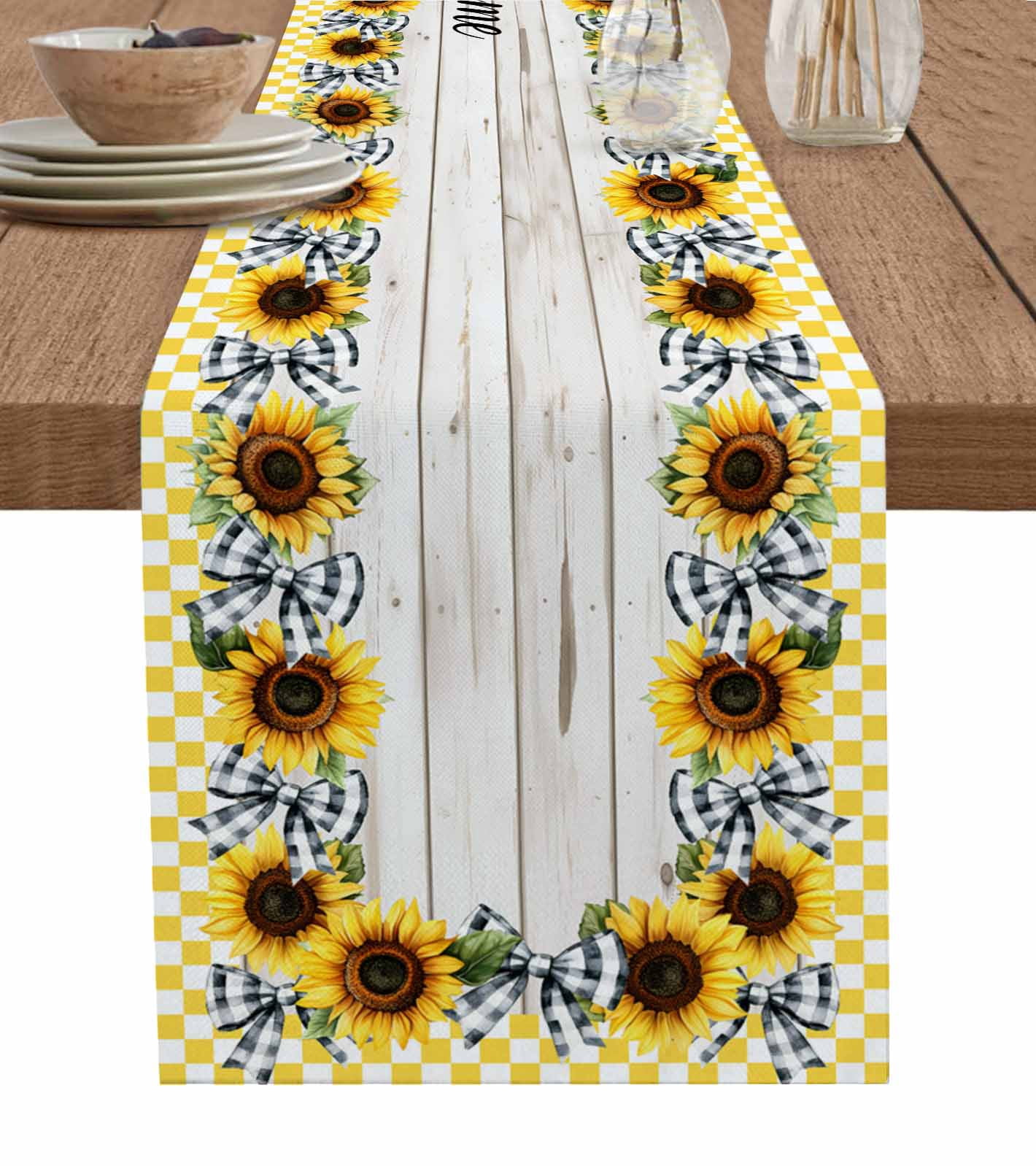 Boanket Yellow Sunflower Plaid Table Runner - 120 Inch Long, Kitchen ...