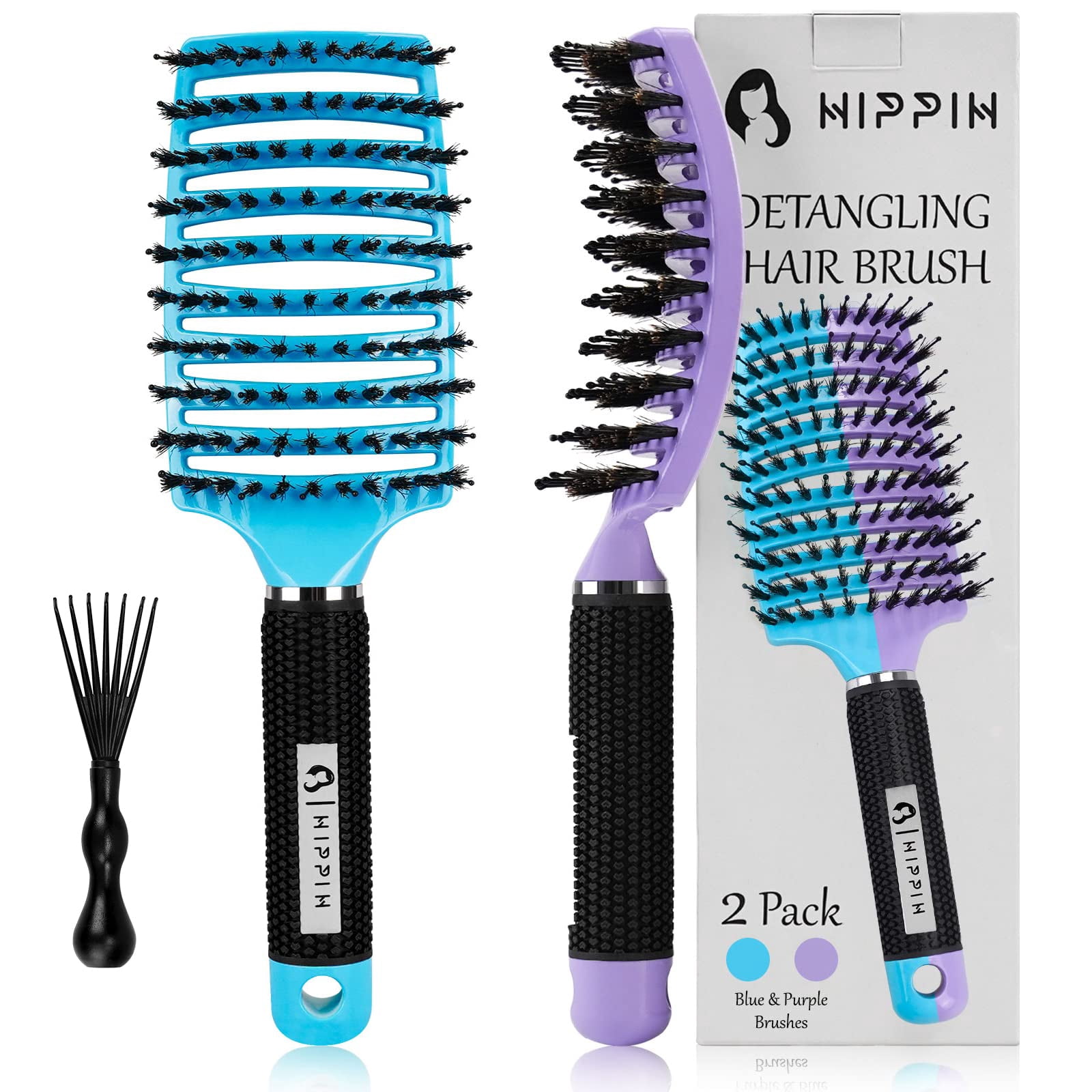 Boar Bristle Hair Brush 2 Pack, HIPPIH Wet & Dry No Pull Curved Vented ...
