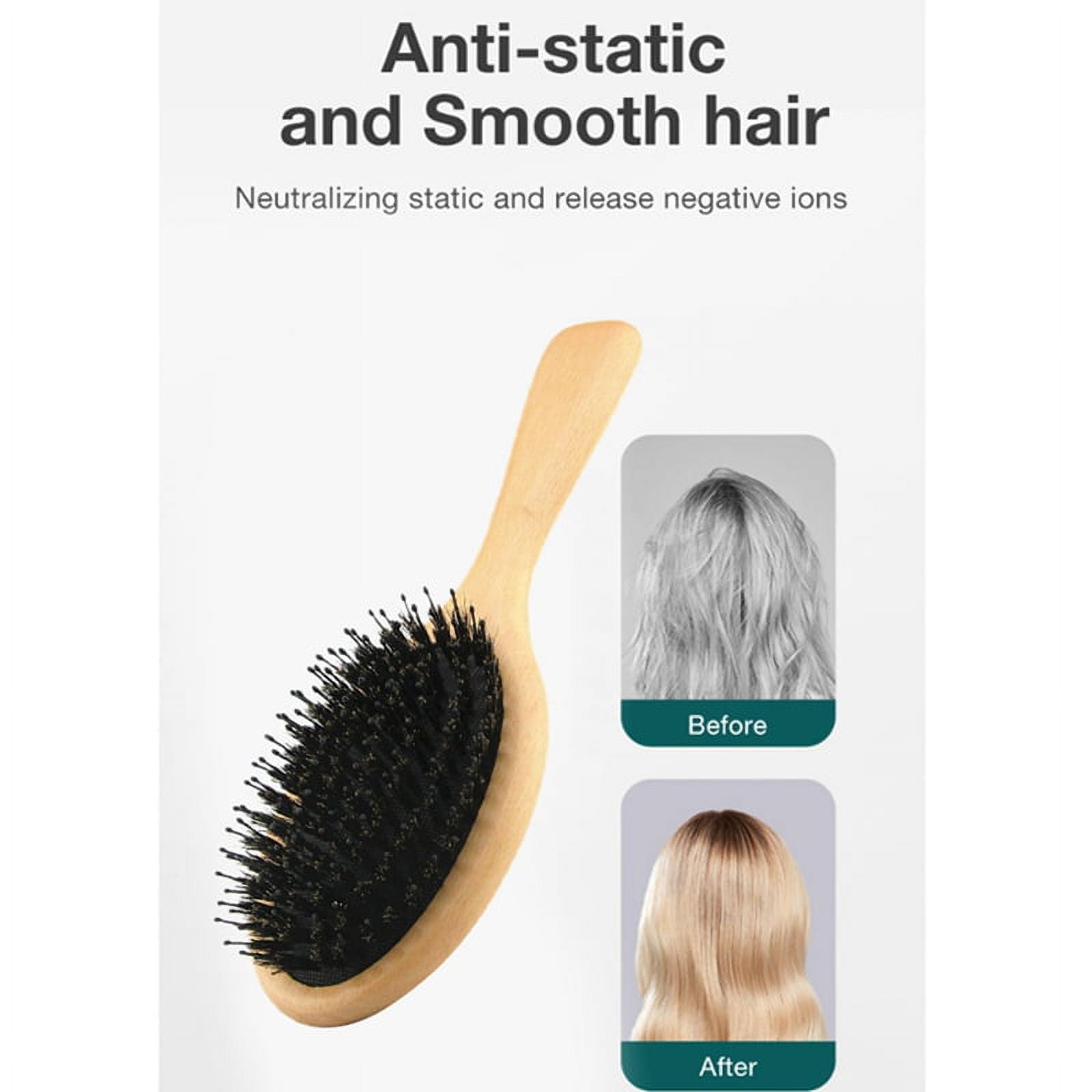 Boar Bristle Hair Brush Natural Beech Comb Hairbrush for Curly Thick ...