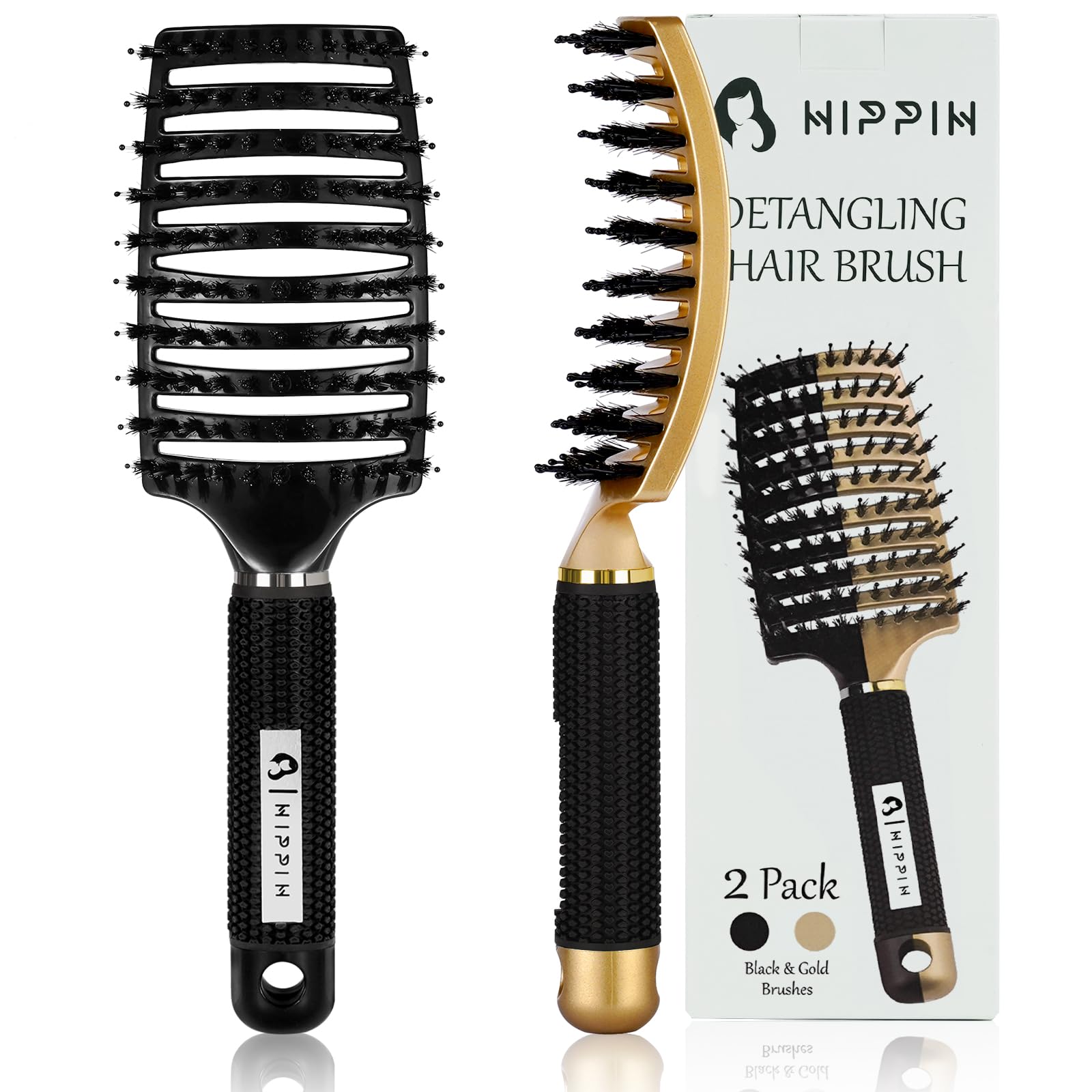 Boar Bristle Hair Brush TMA2 2 Pack, HIPPIH Wet & No Pull Curved Vented ...