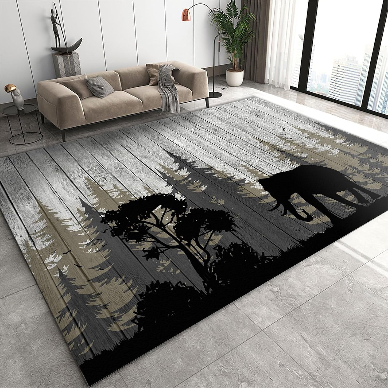 Board Plank Area Rug Country Tree Animal Silhouette Elephant For Living ...