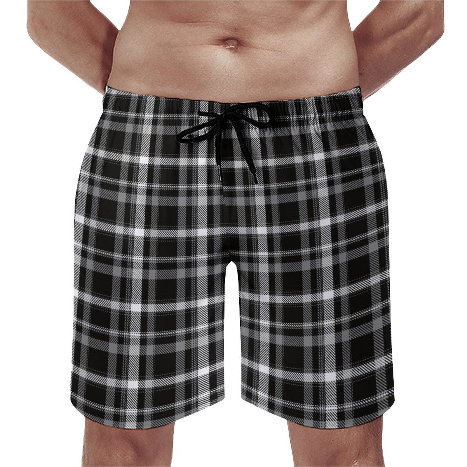 Board Shorts Vintage Plaid Casual Swim Trunks Black And White Man Fast ...