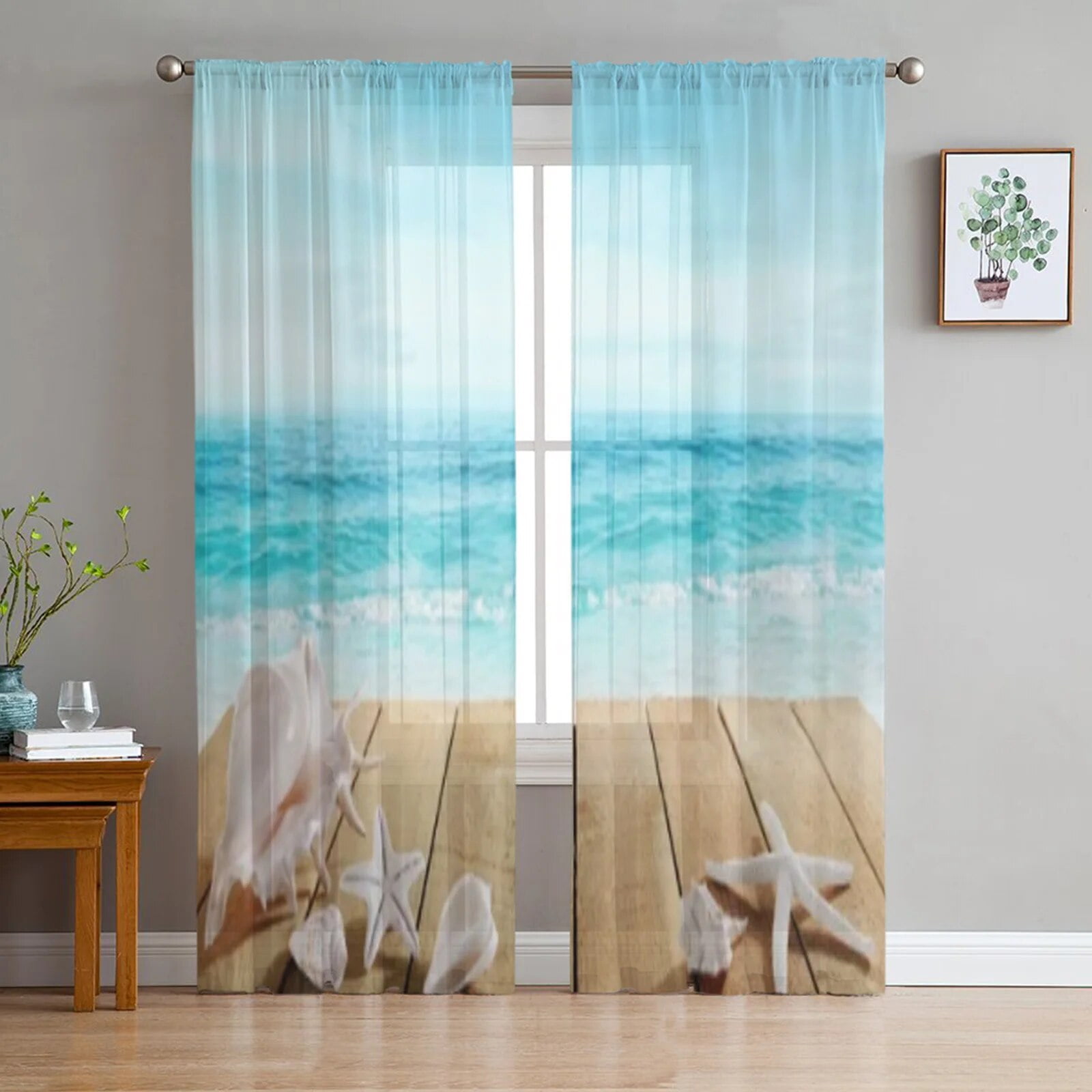 Boardwalk with Shells Sea Beach Sheer Curtain for Living Room Bedroom ...