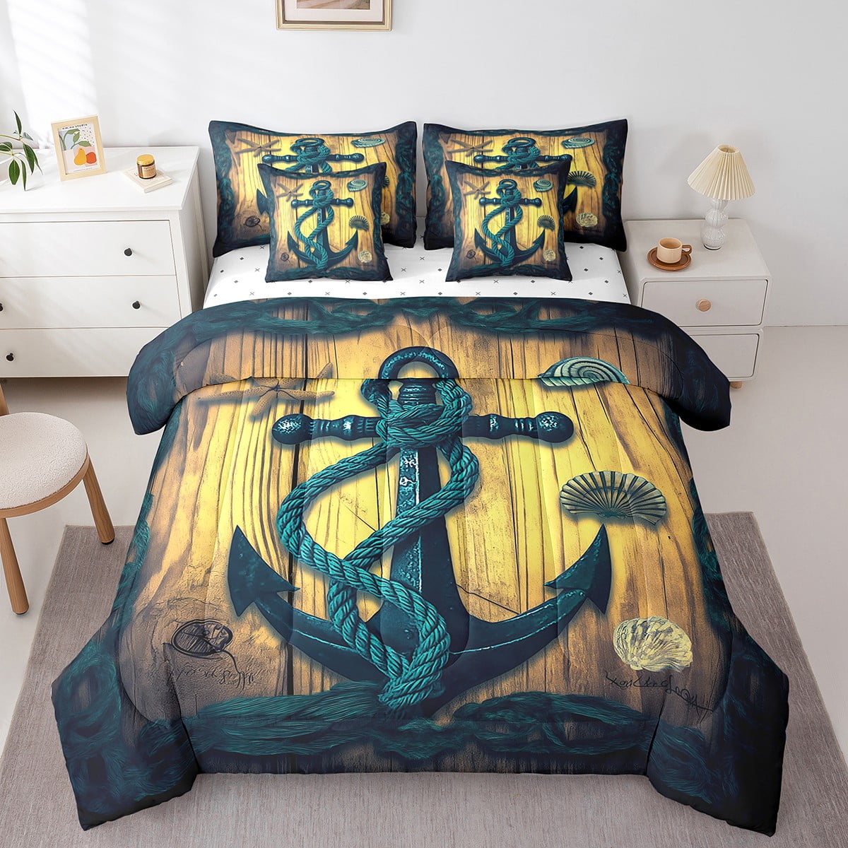 Boat Anchor Bed in a Bag King Size Comforter Set 7 Pieces,Nautical Rope ...