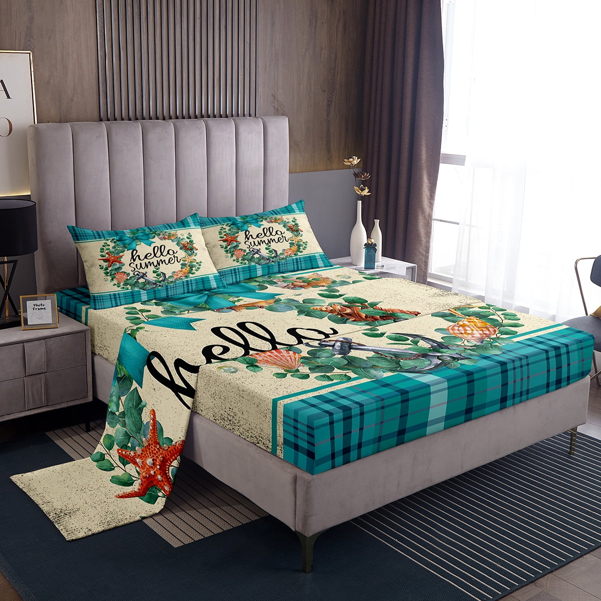 Boat Anchor Bed Sheets Set Full Nautical Grid Sheet Set,Starfish Flat ...