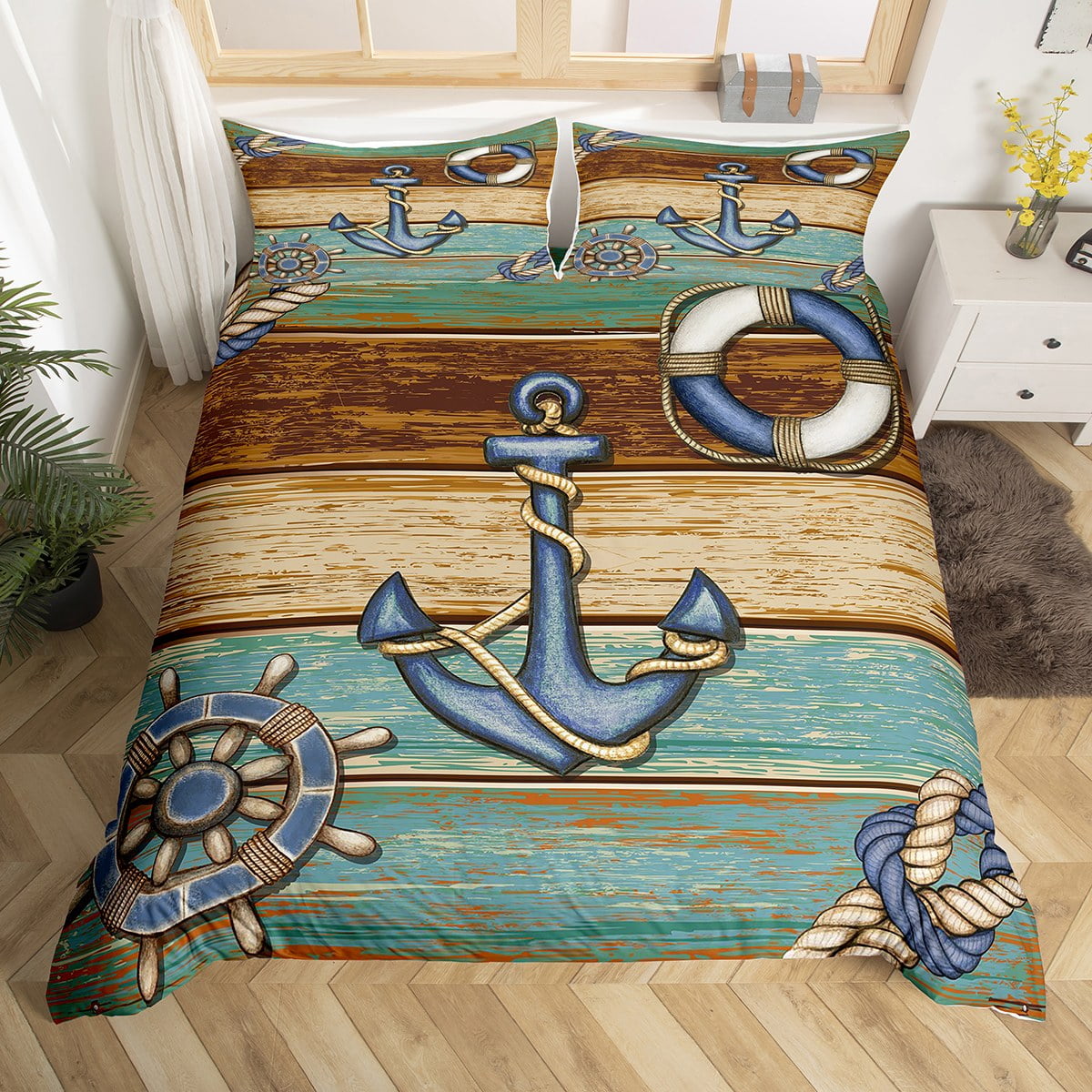Boat Anchor Bedding Set Steering Wheel Comforter Cover for Teens,Retro ...