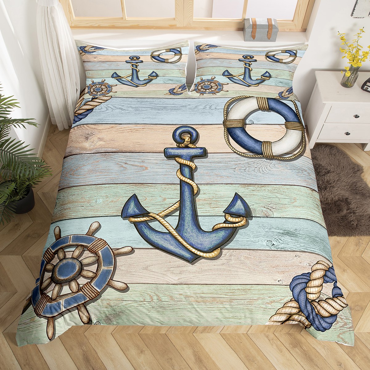 Boat Anchor Bedding Set Steering Wheel Comforter Cover for Teens,Retro ...
