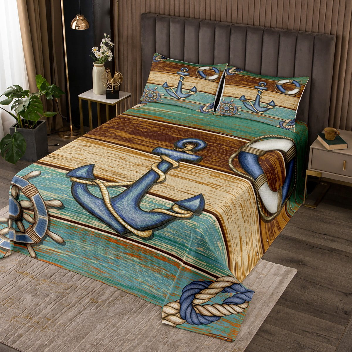 Boat Anchor Bedspread Set Steering Wheel Coverlet Set for Teens,Retro ...