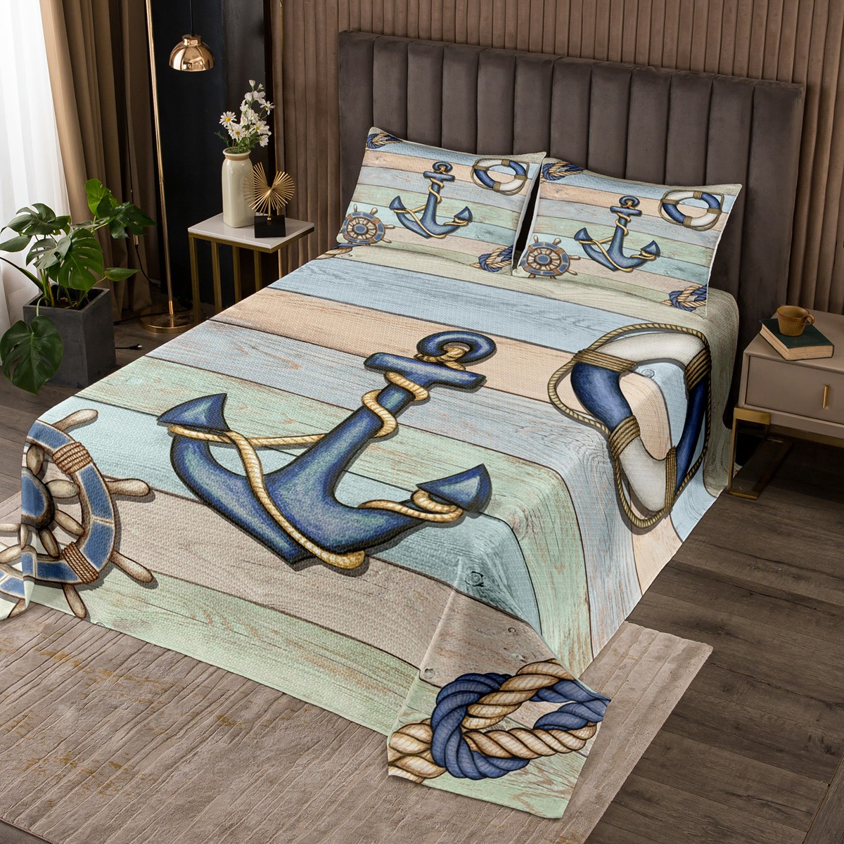 Boat Anchor Bedspread Set Steering Wheel Coverlet Set for Teens,Retro ...