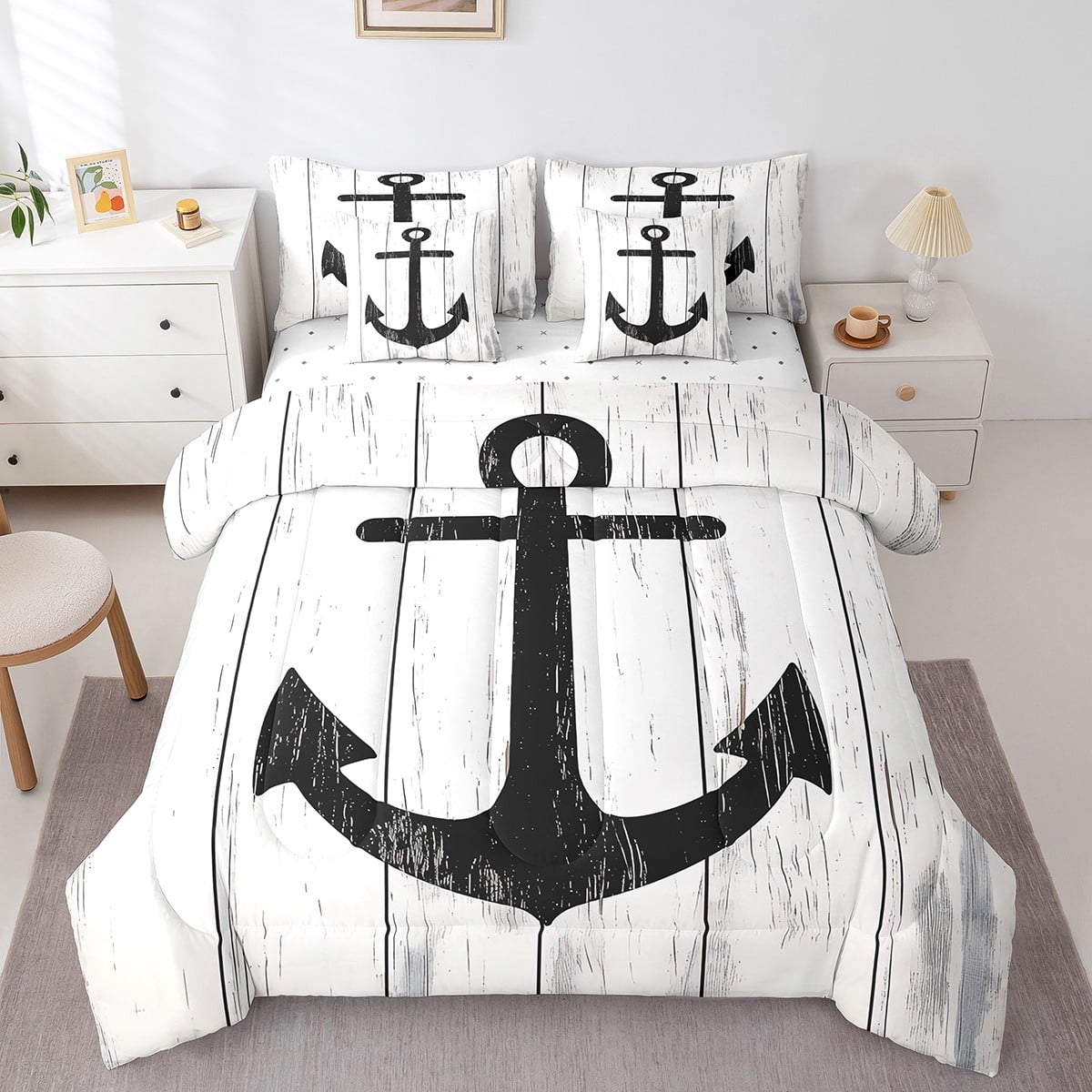 Boat Anchor Comforter Set,7 Pieces Sailing Nautical King Bed in a Bag,Balck White Rustic Cabin ...