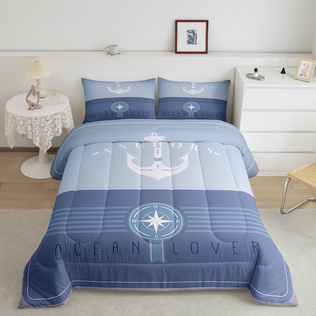 Boat Anchor Comforter Set Nautical Bedding Set for Women,Boat Compass Quilt Vintage Style Sky ...